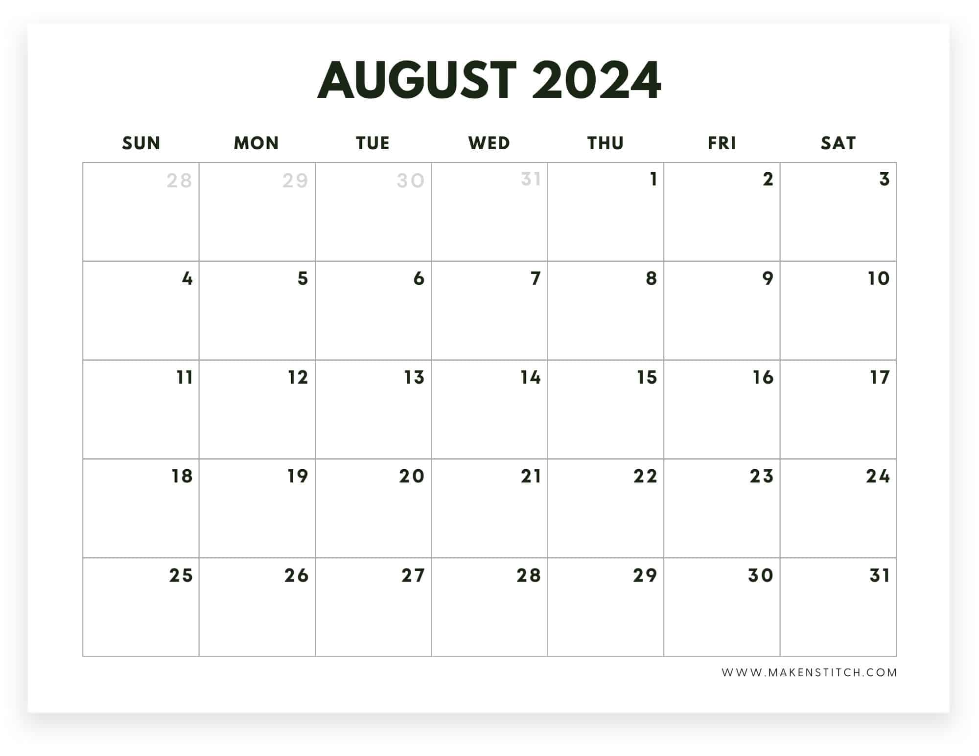 August 2024 Calendar Free Printable - Makenstitch