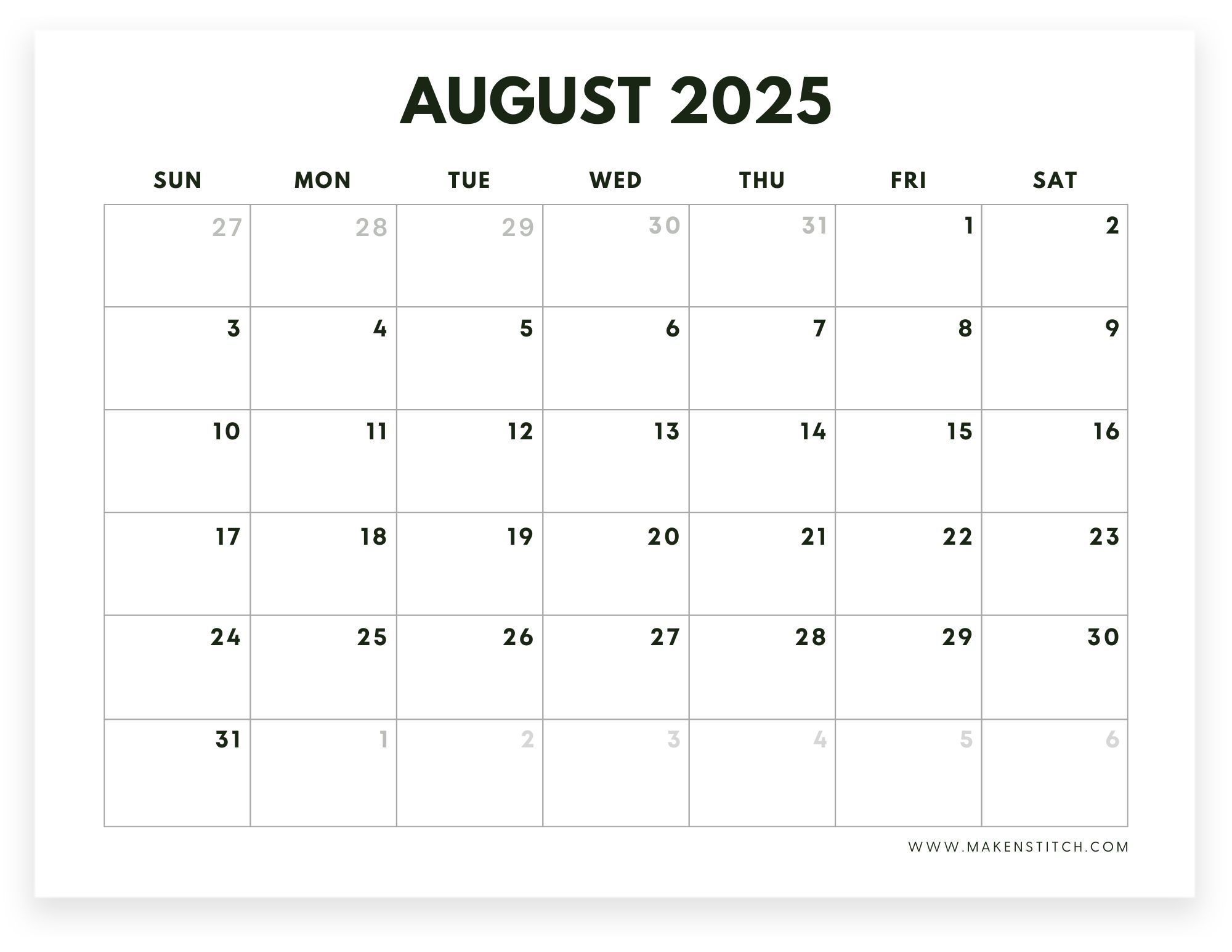 Free August 2025 Calendar Printables - Makenstitch