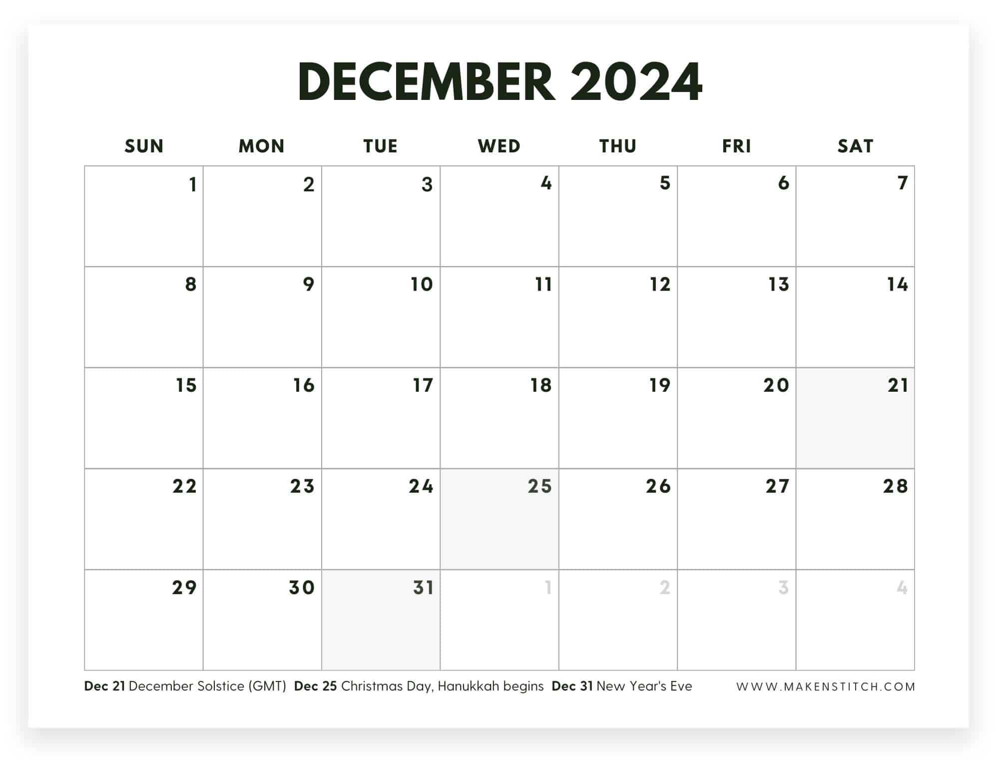 December 2024 Calendar Free Printable - Makenstitch