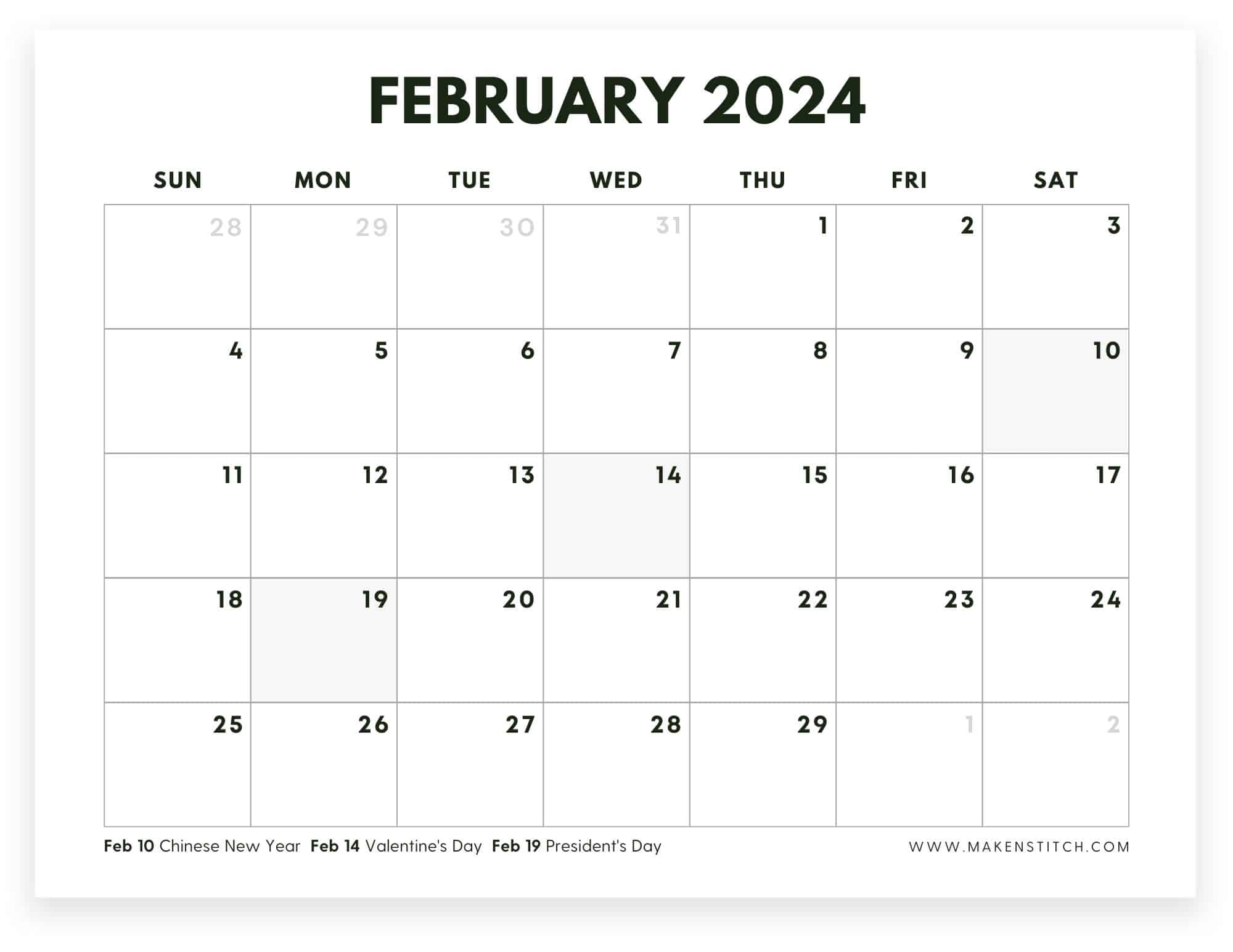 February 2024 Calendar Free Printable - Makenstitch