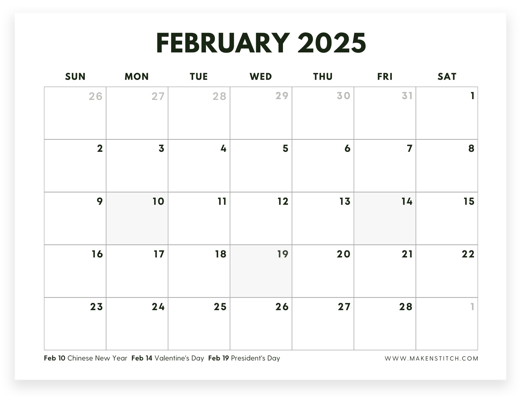 Free February 2025 Calendar Printables - Makenstitch