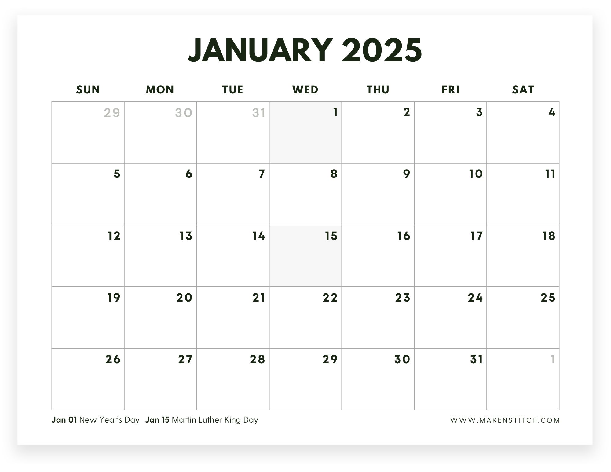 Free January 2025 Calendar Printables - Makenstitch