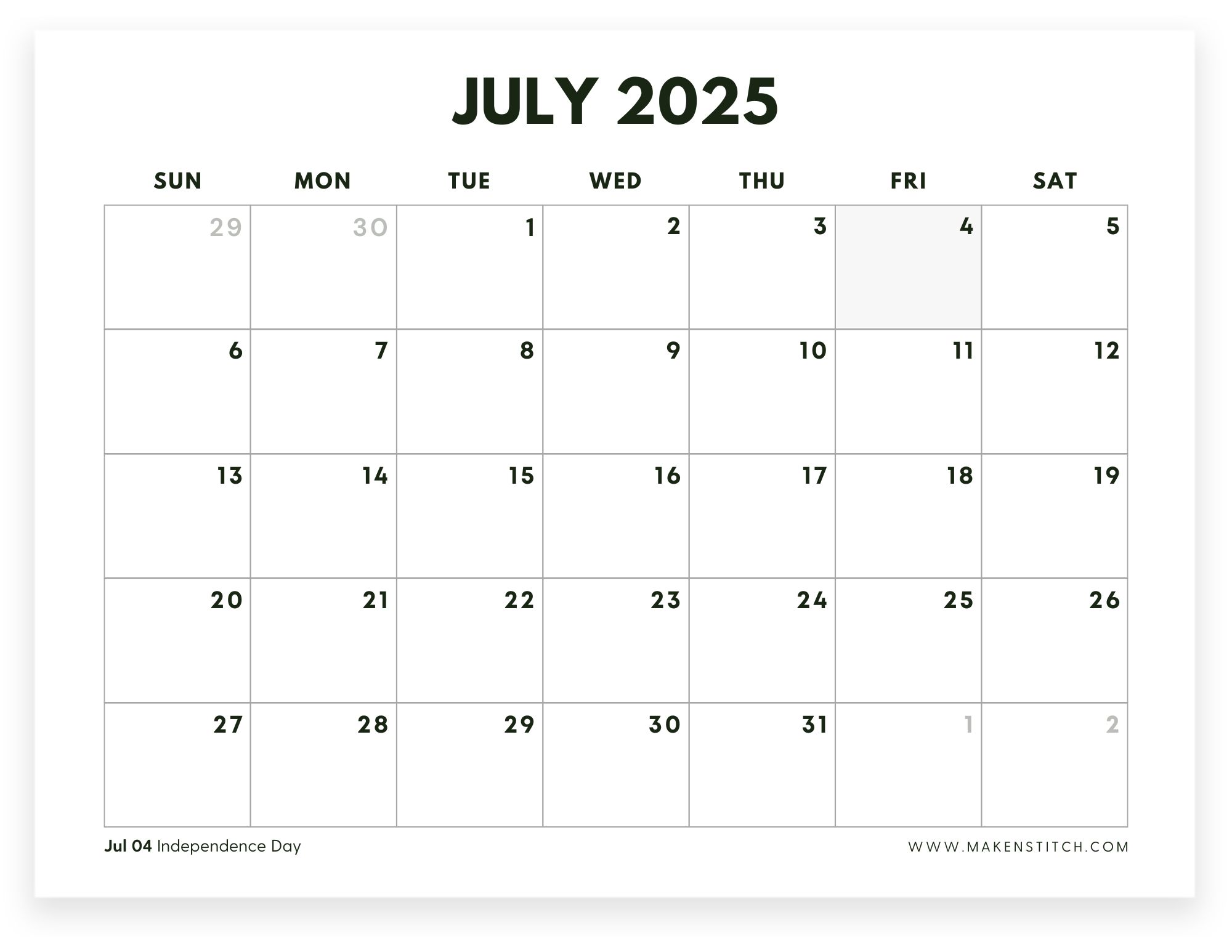 Free July 2025 Calendar Printables - Makenstitch