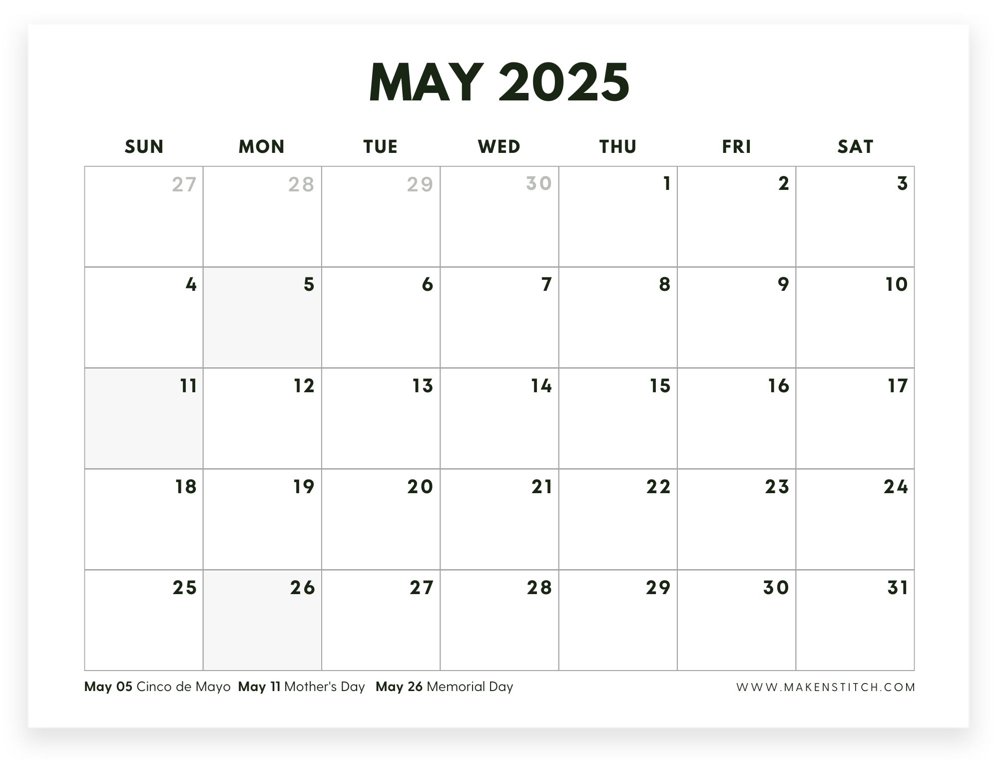 Free May 2025 Calendar Printables - Makenstitch