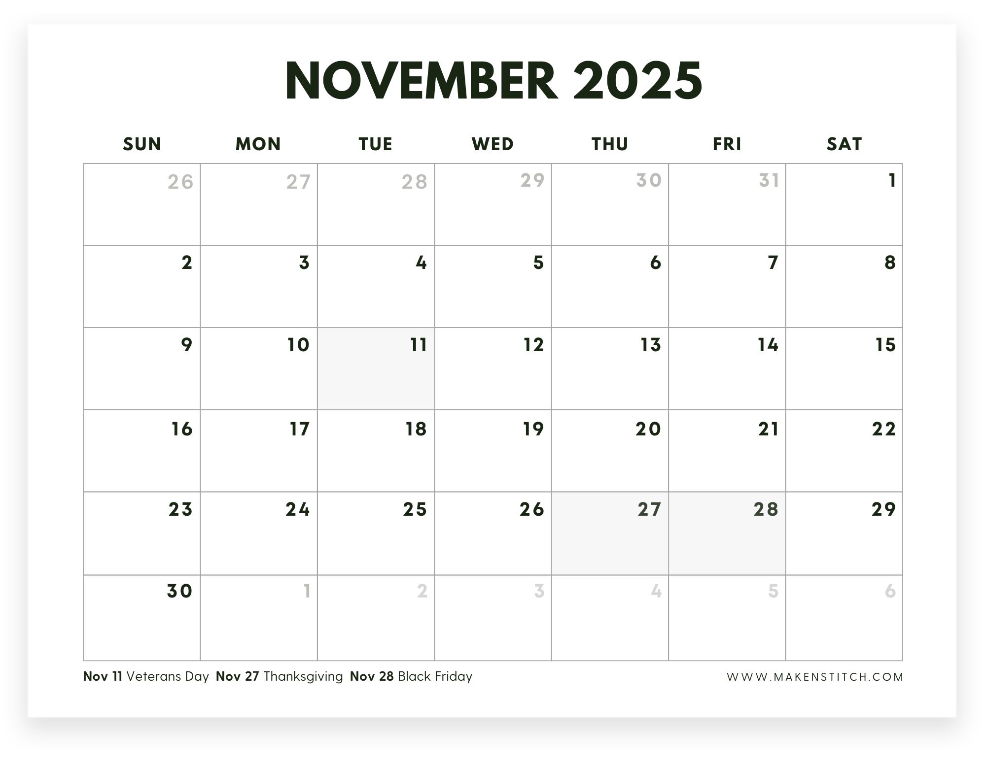 Free November 2025 Calendar Printables - Makenstitch