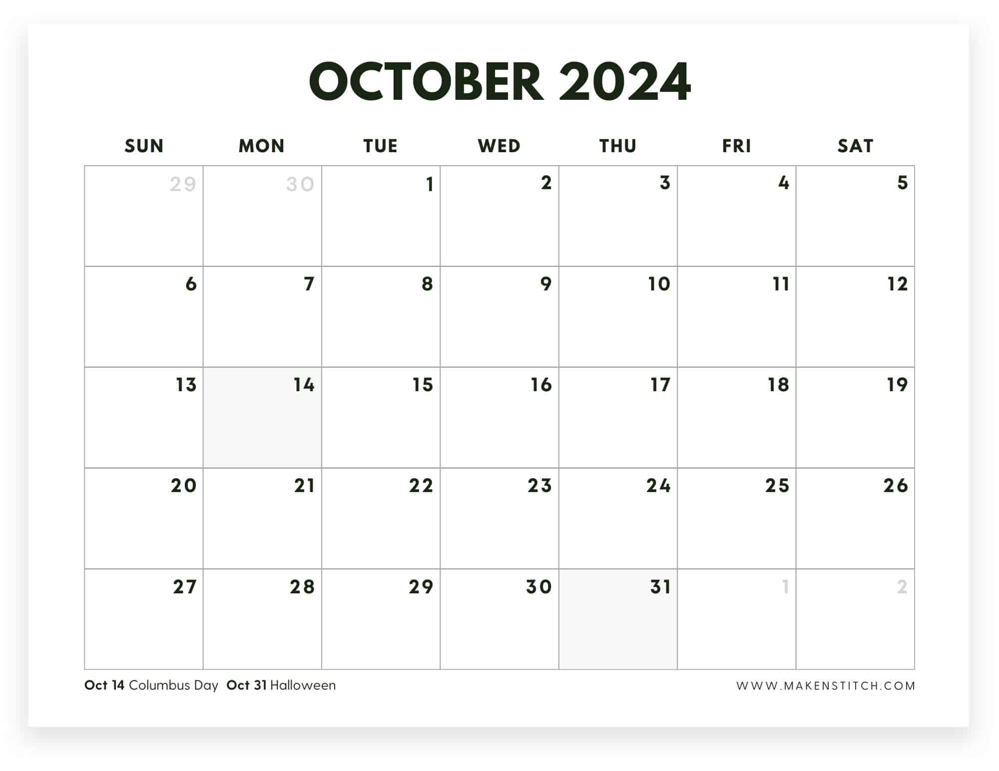 October 2024 Calendar Free Printable - Makenstitch