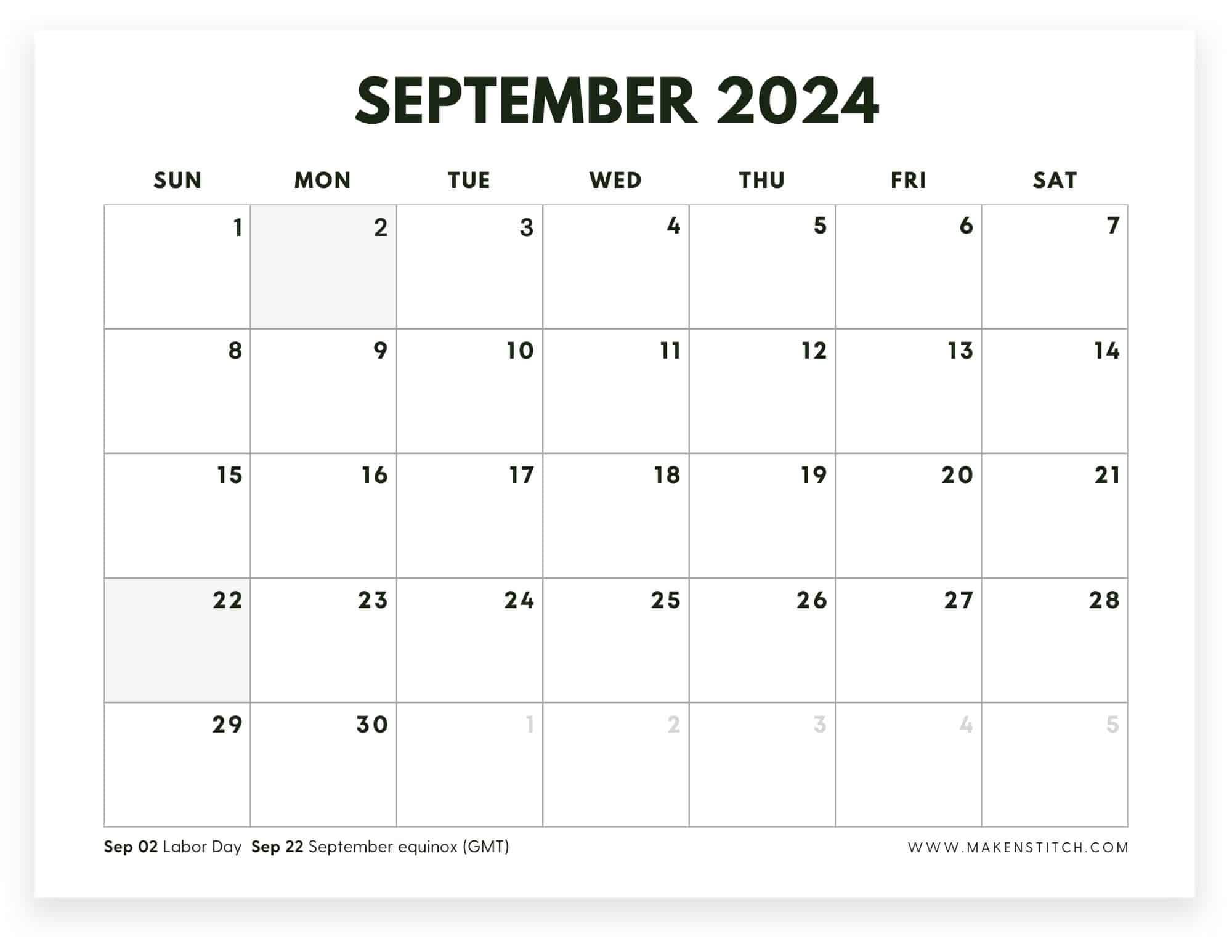 September 2024 Calendar Free Printables - Makenstitch