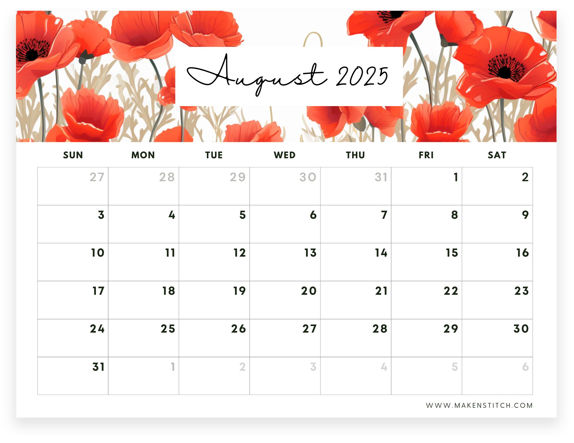 Free August 2025 Calendar Printables - Makenstitch