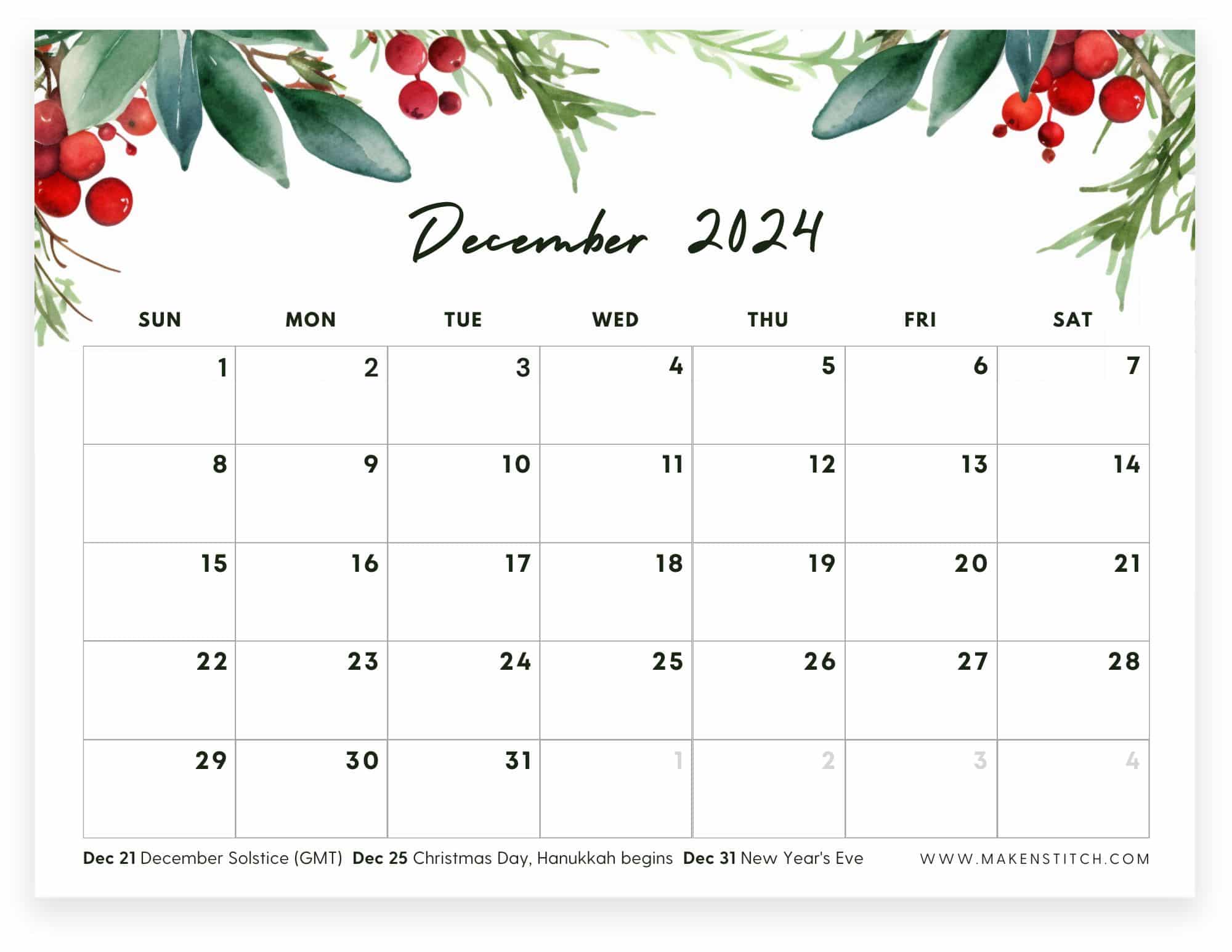 December 2024 Calendar Free Printable - Makenstitch