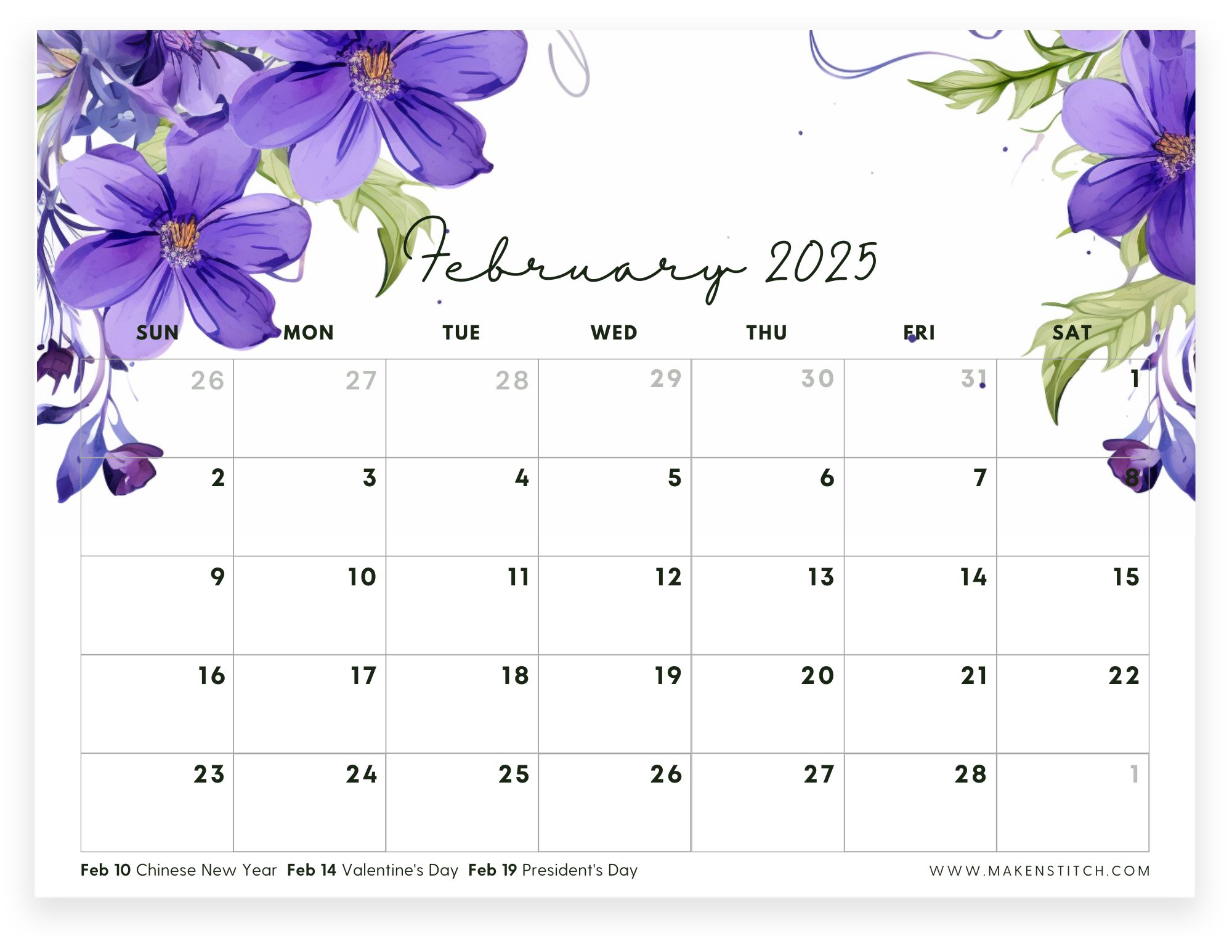 Free February 2025 Calendar Printables - Makenstitch