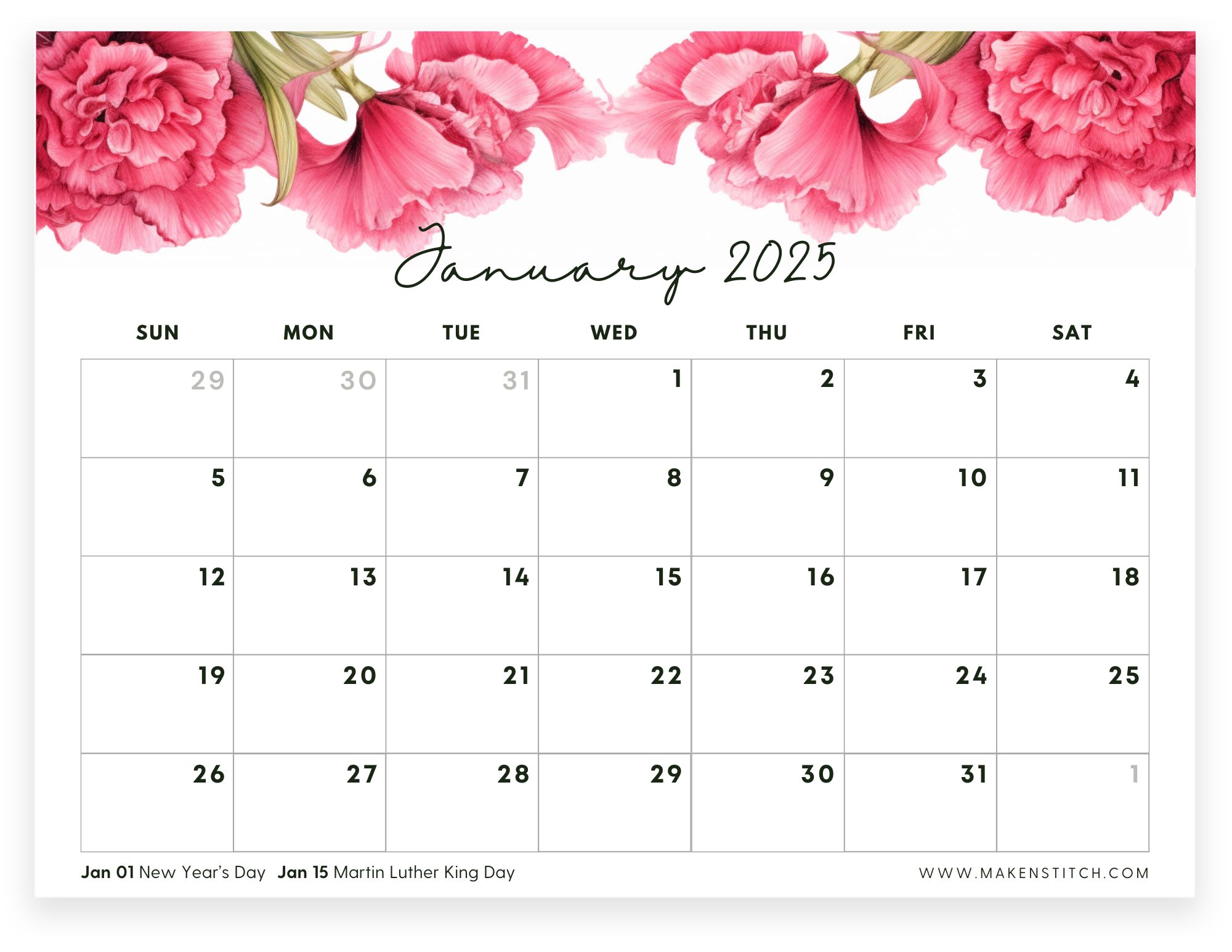 Free January 2025 Calendar Printables - Makenstitch