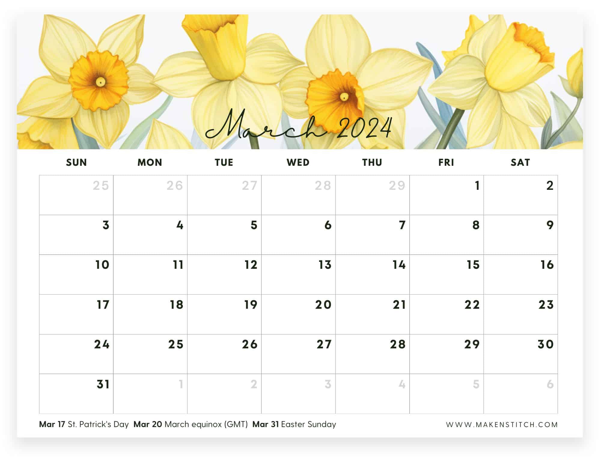 March 2024 Calendar Free Printable - Makenstitch