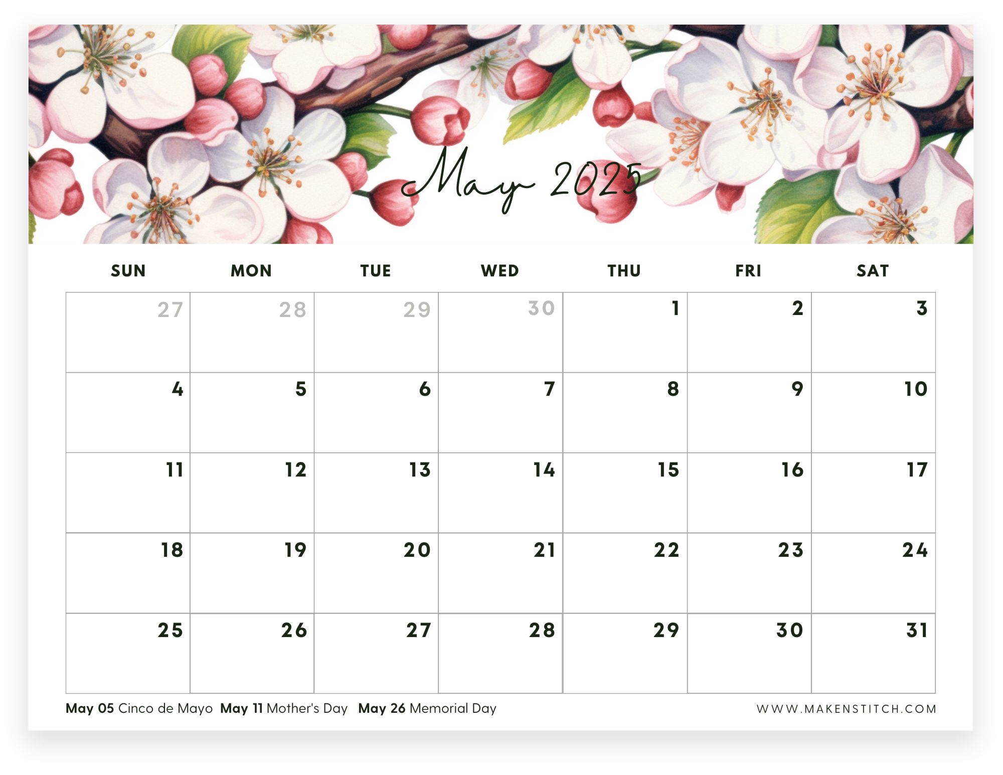Free May 2025 Calendar Printables - Makenstitch