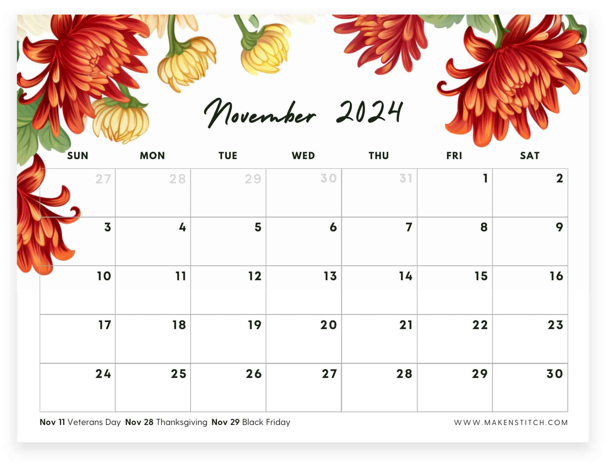 November 2024 Calendar Free Printable - Makenstitch