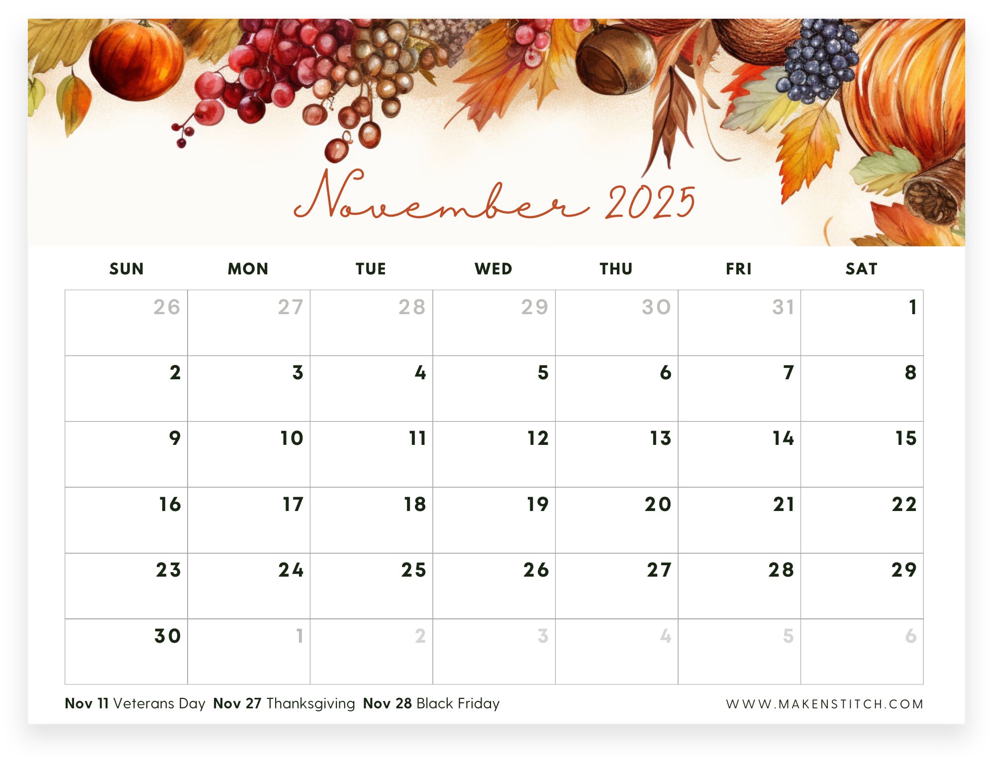 Free November 2025 Calendar Printables - Makenstitch