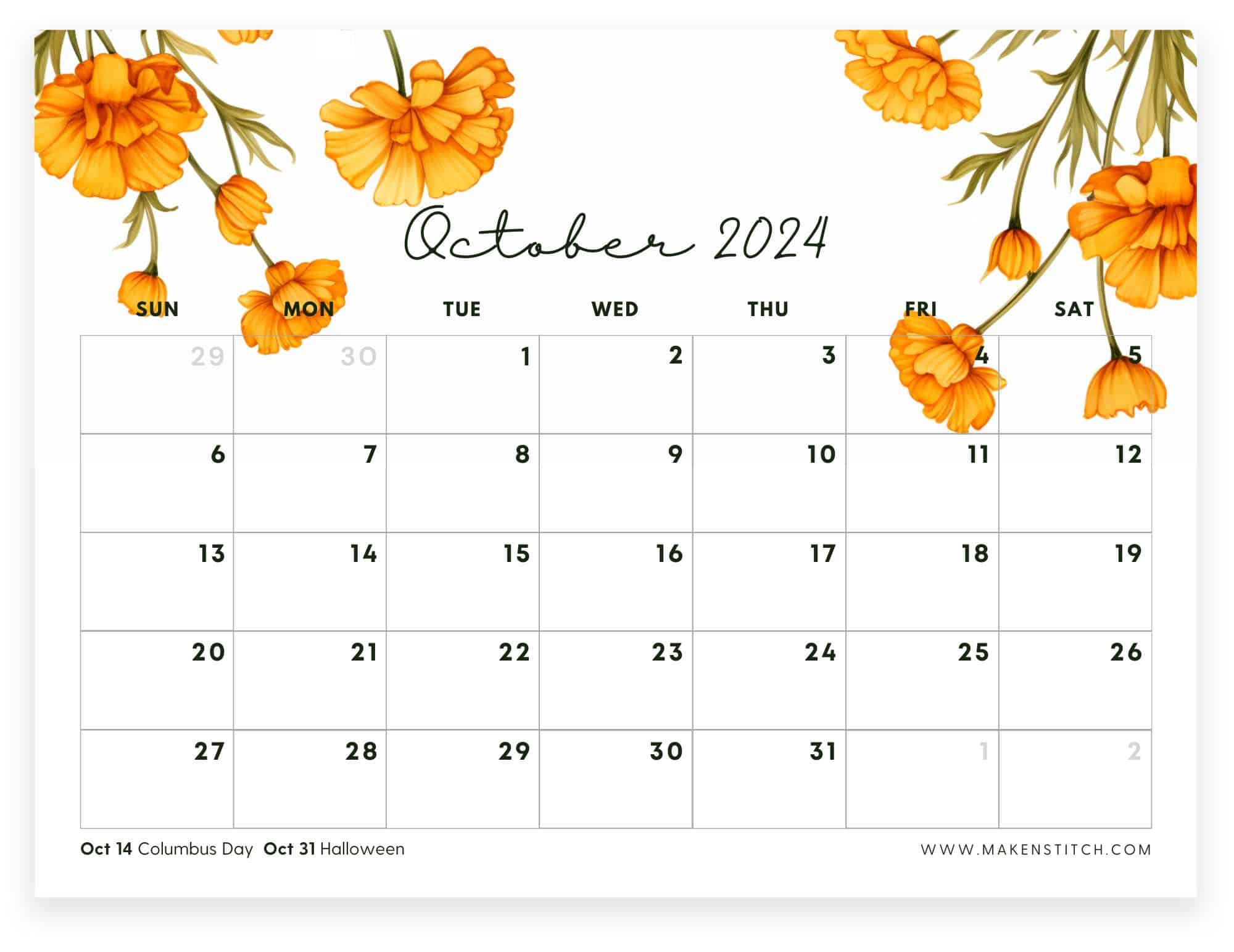 October 2024 Calendar Free Printable - Makenstitch