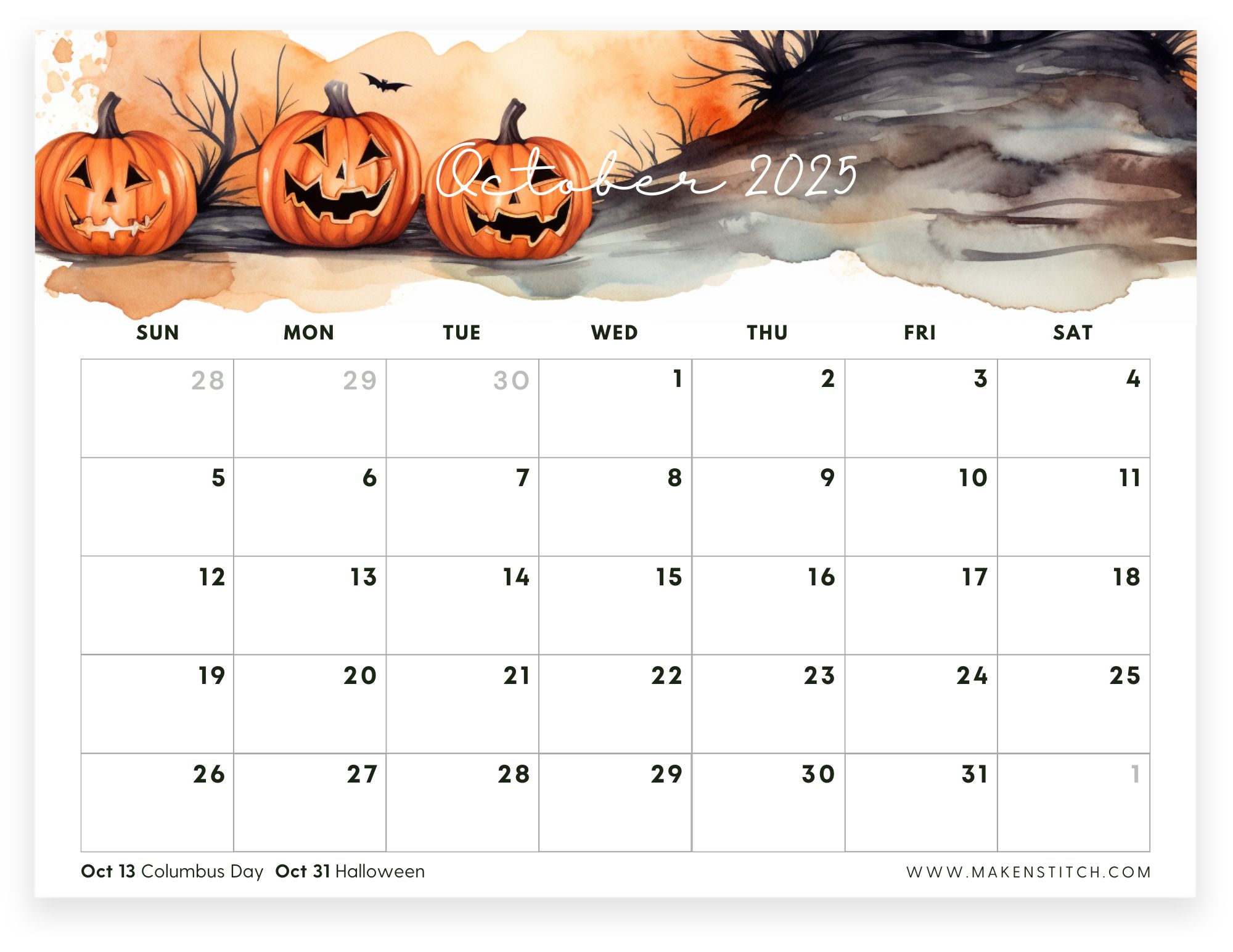 Free October 2025 Calendar Printables - Makenstitch