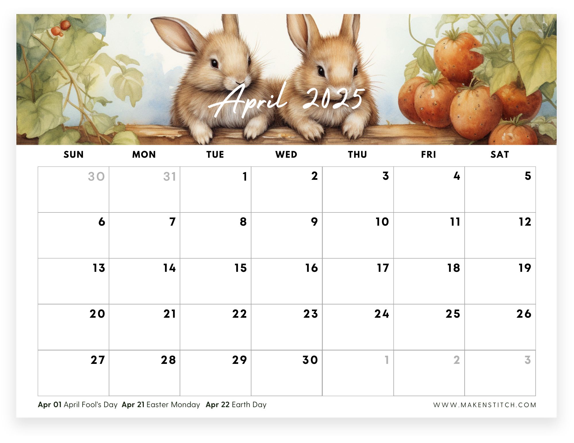 Free April 2025 Calendar Printables - Makenstitch
