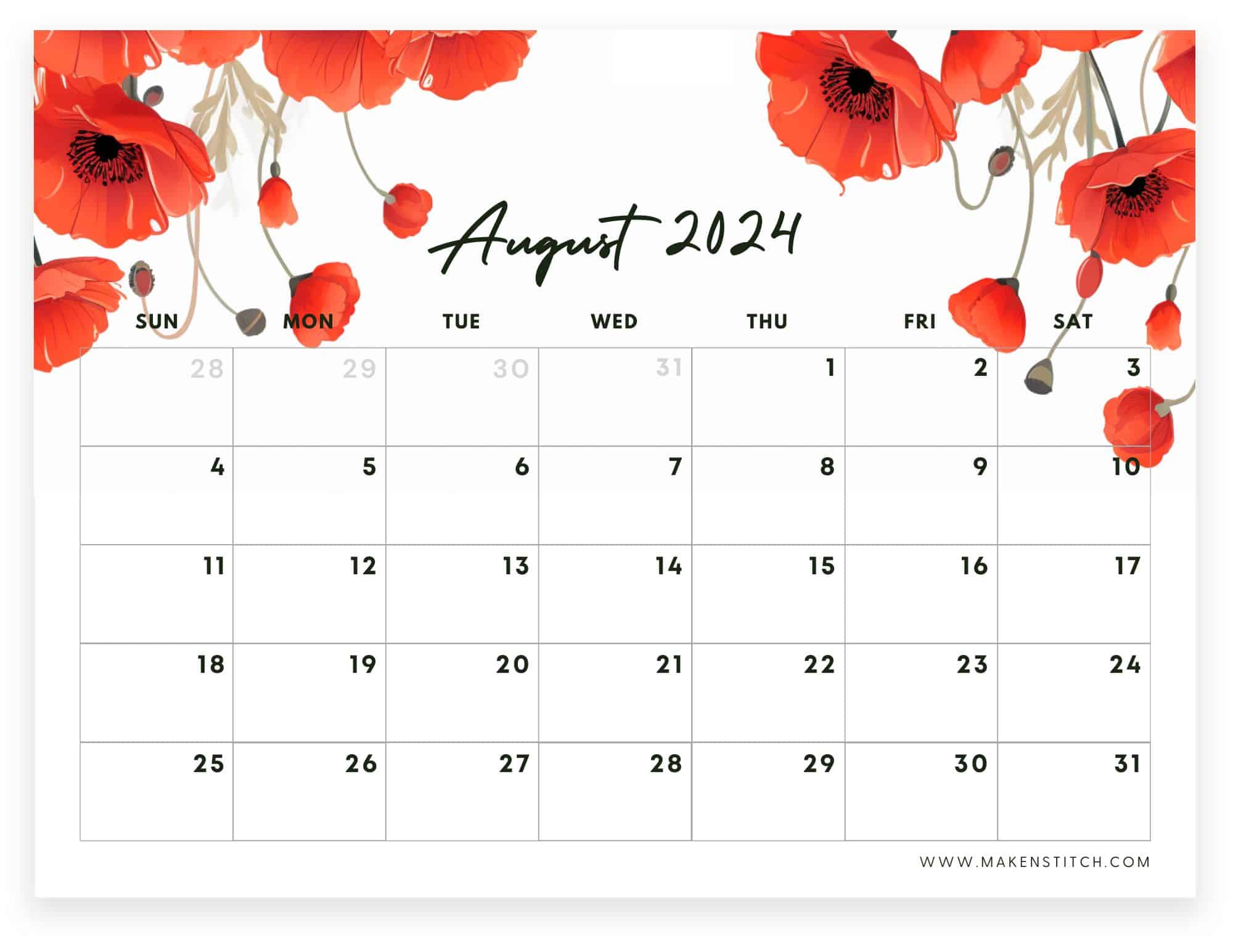 August 2024 Calendar Free Printable - Makenstitch