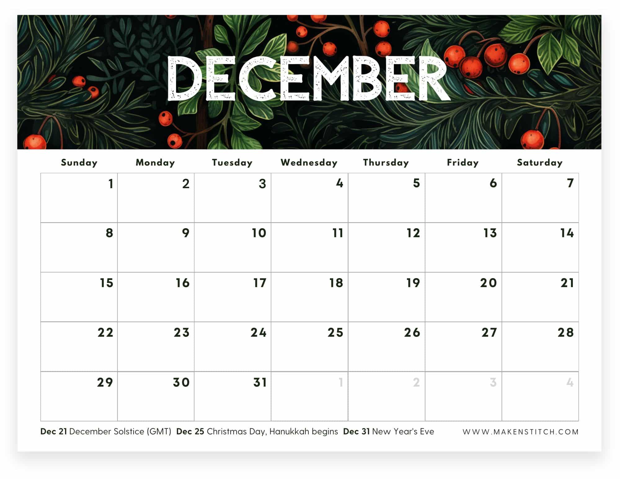 December 2024 Calendar Free Printable - Makenstitch