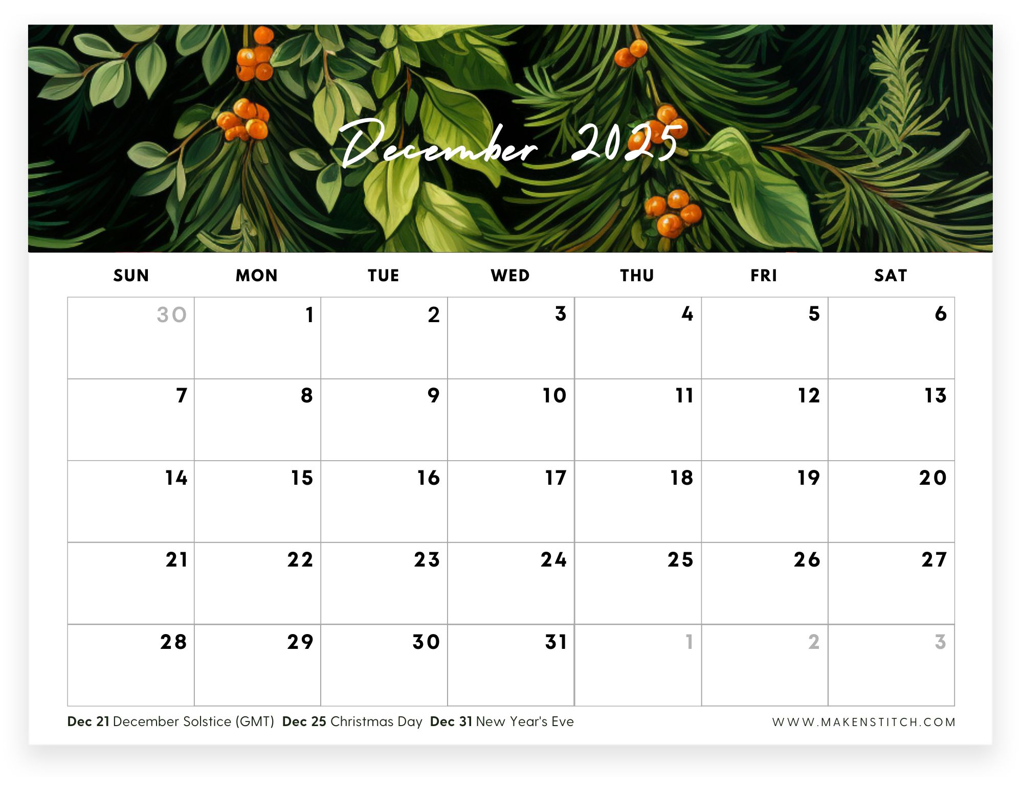 Free December 2025 Calendar Printables - Makenstitch