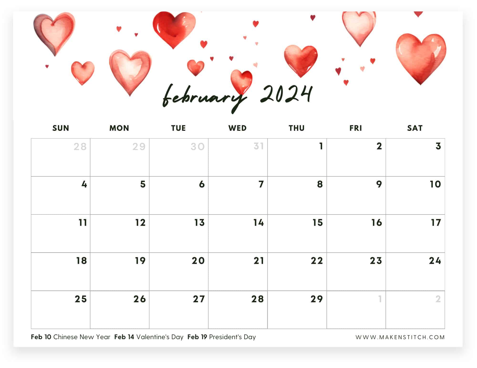 February 2024 Calendar Free Printable - Makenstitch