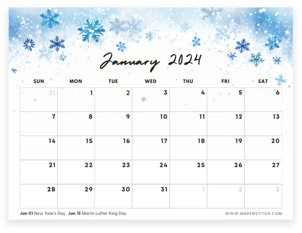 January 2024 Calendar Free Printable - Makenstitch