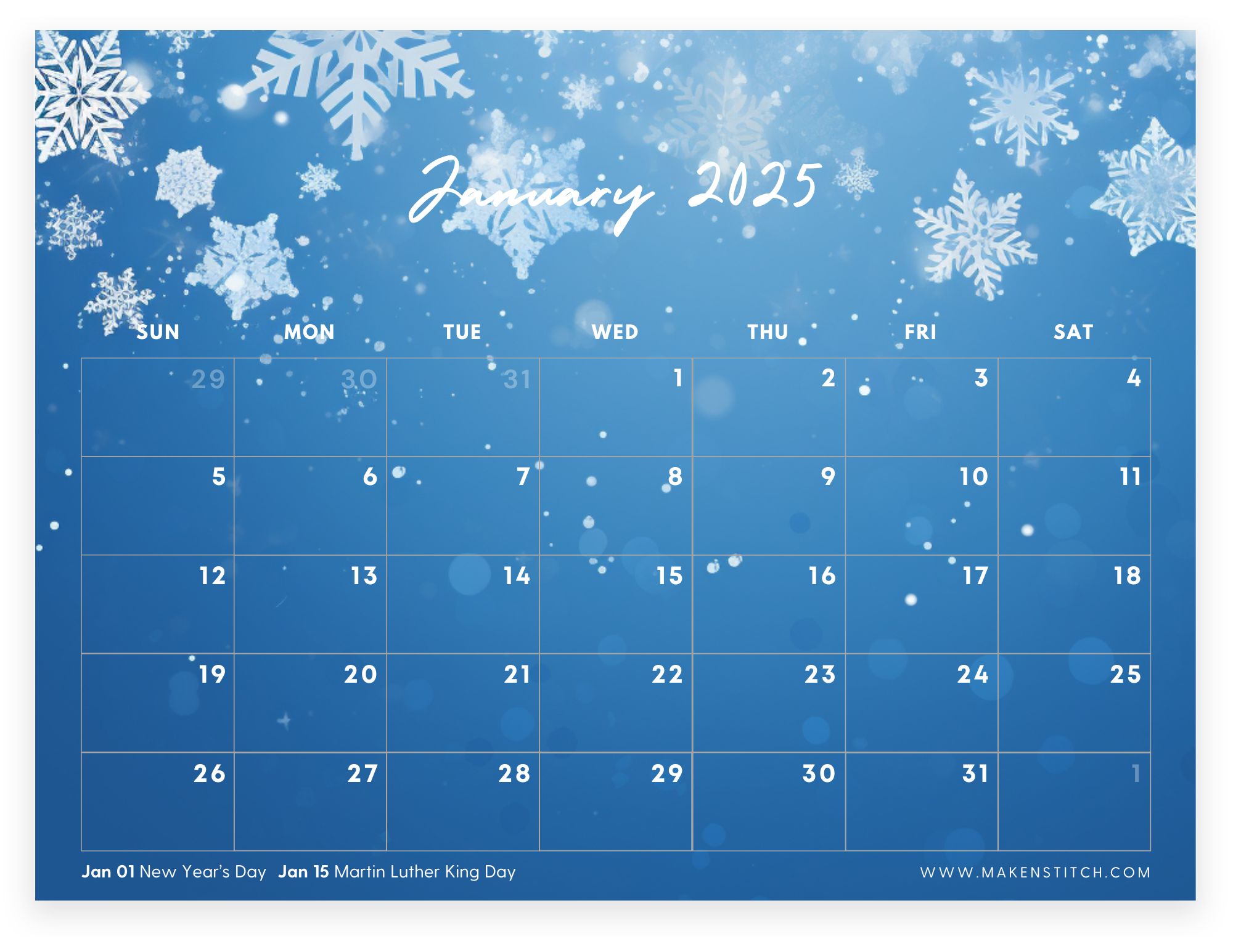 Free January 2025 Calendar Printables - Makenstitch