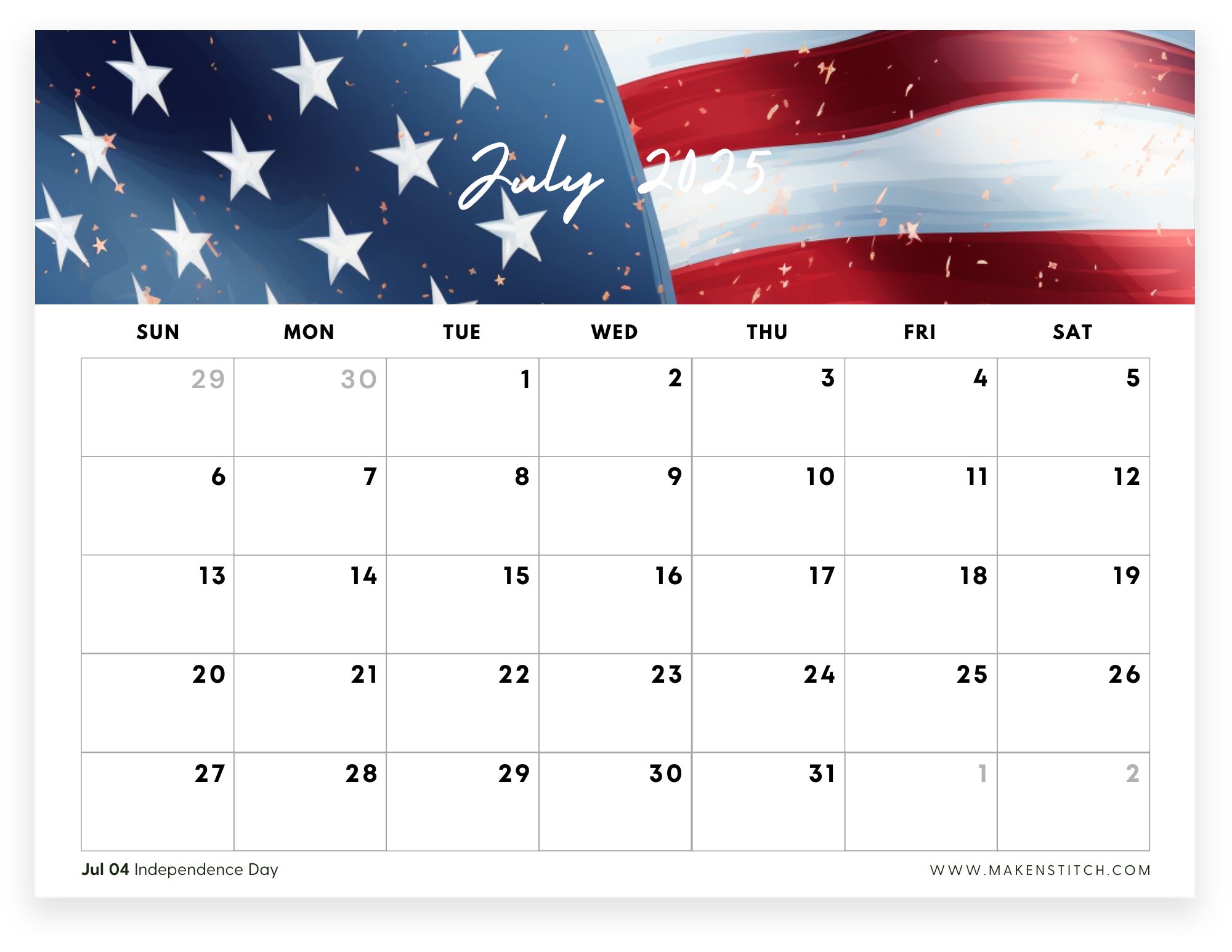 Free July 2025 Calendar Printables - Makenstitch