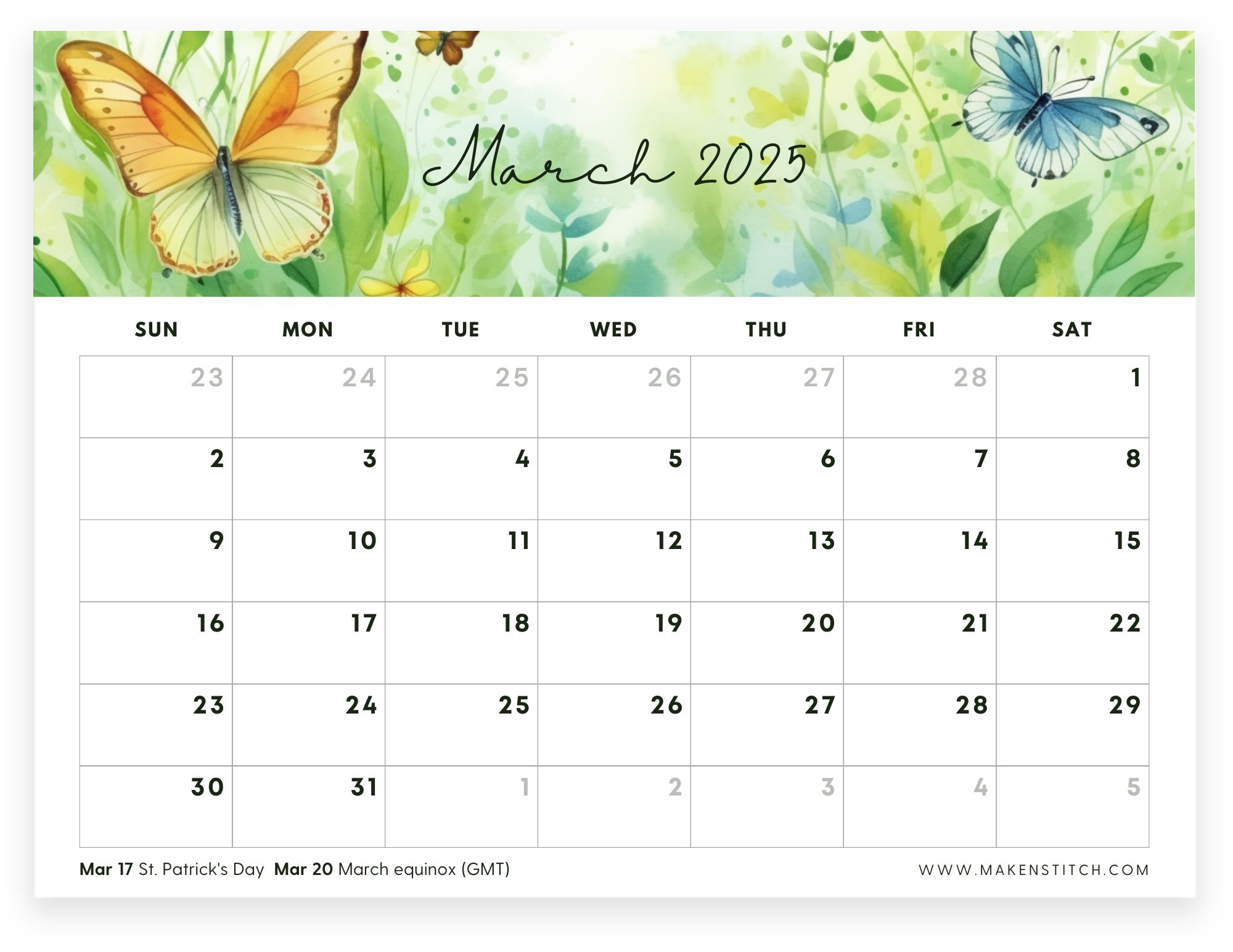 Free March 2025 Calendar Printables - Makenstitch
