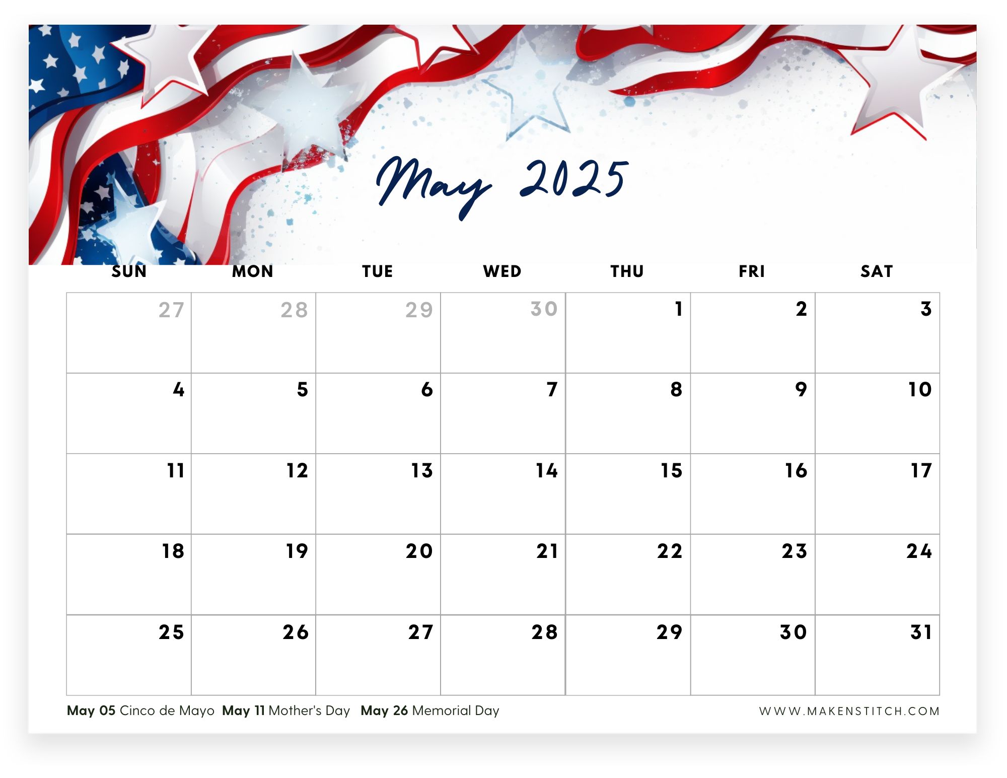 Free May 2025 Calendar Printables - Makenstitch