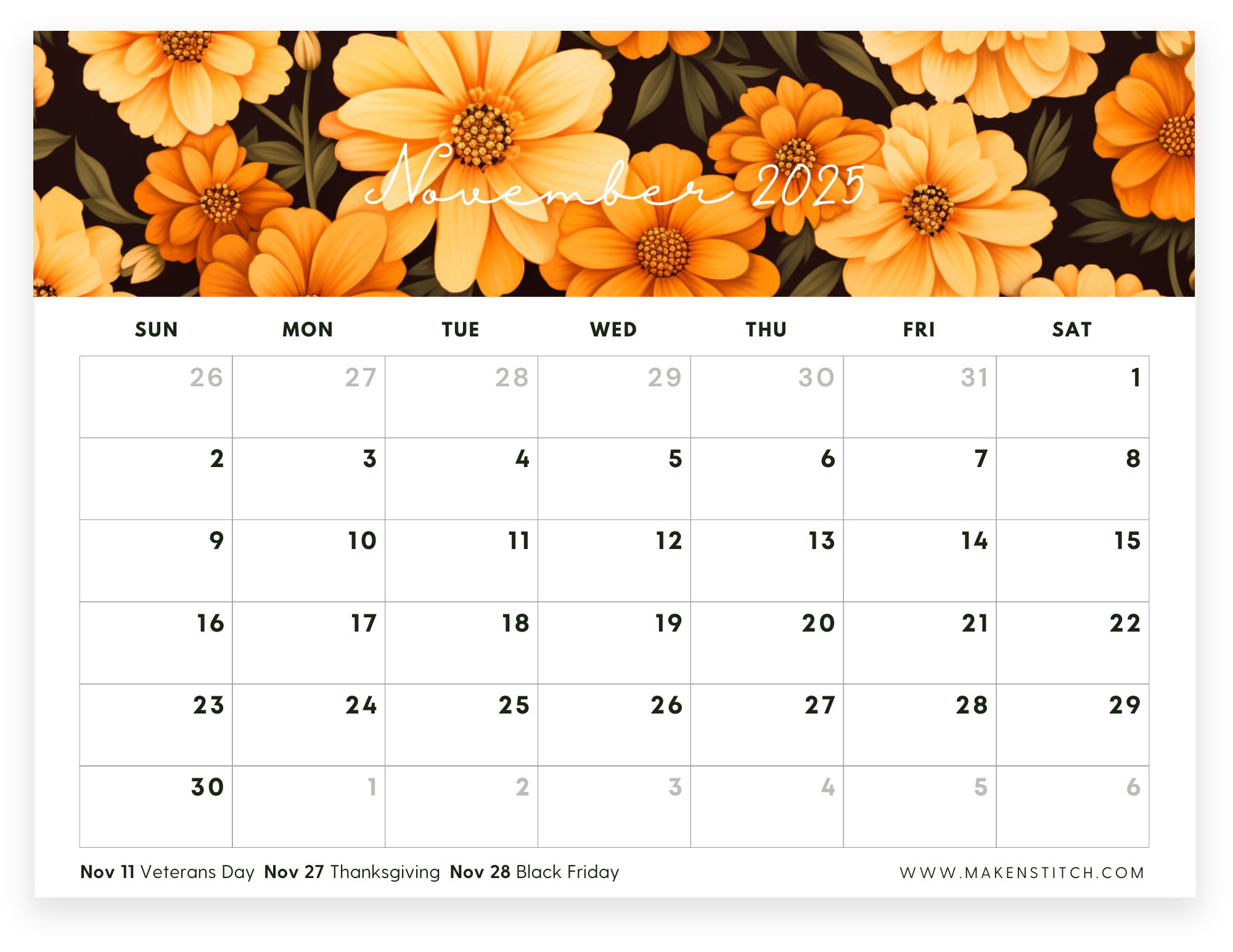 Free November 2025 Calendar Printables - Makenstitch