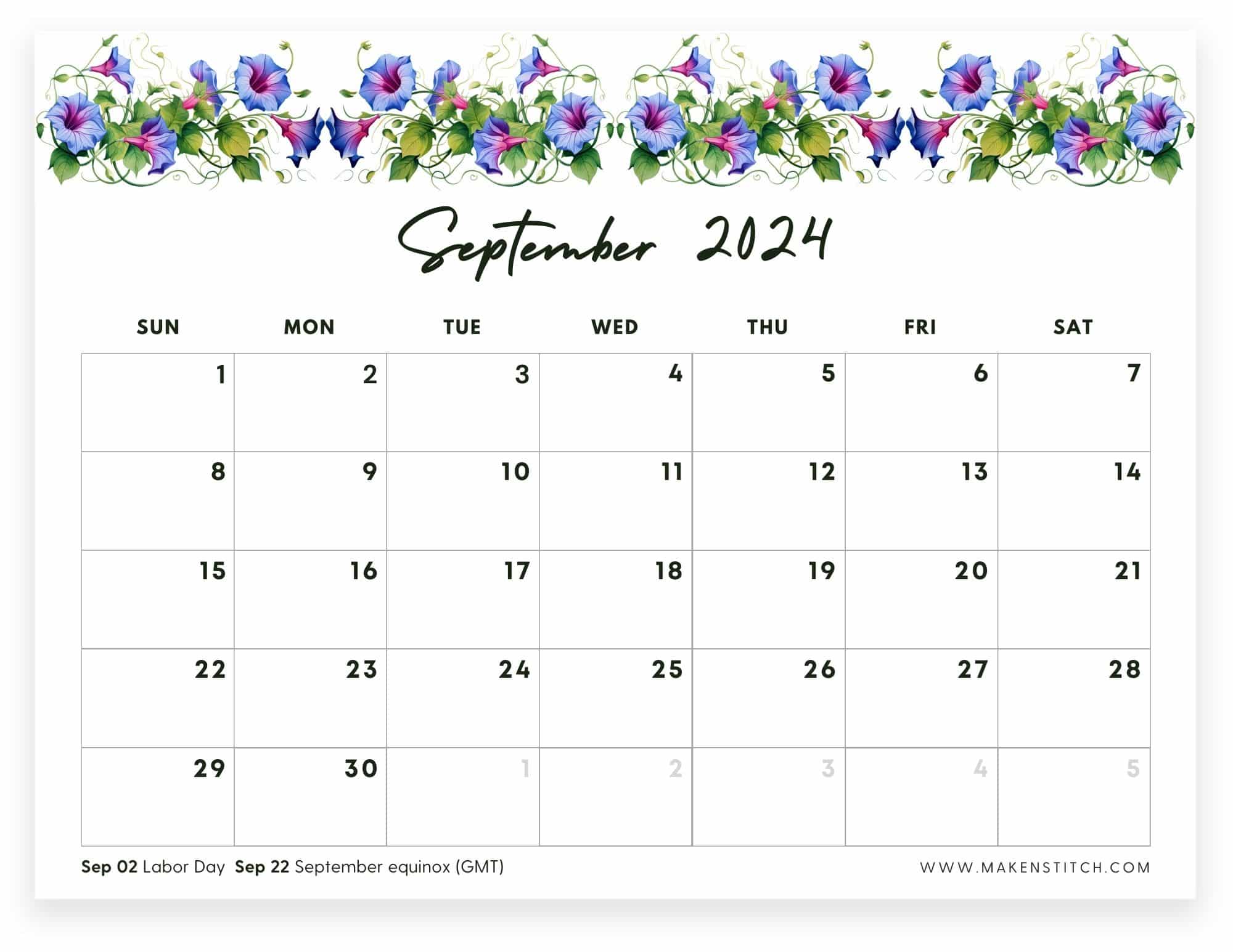September 2024 Calendar Free Printables - Makenstitch