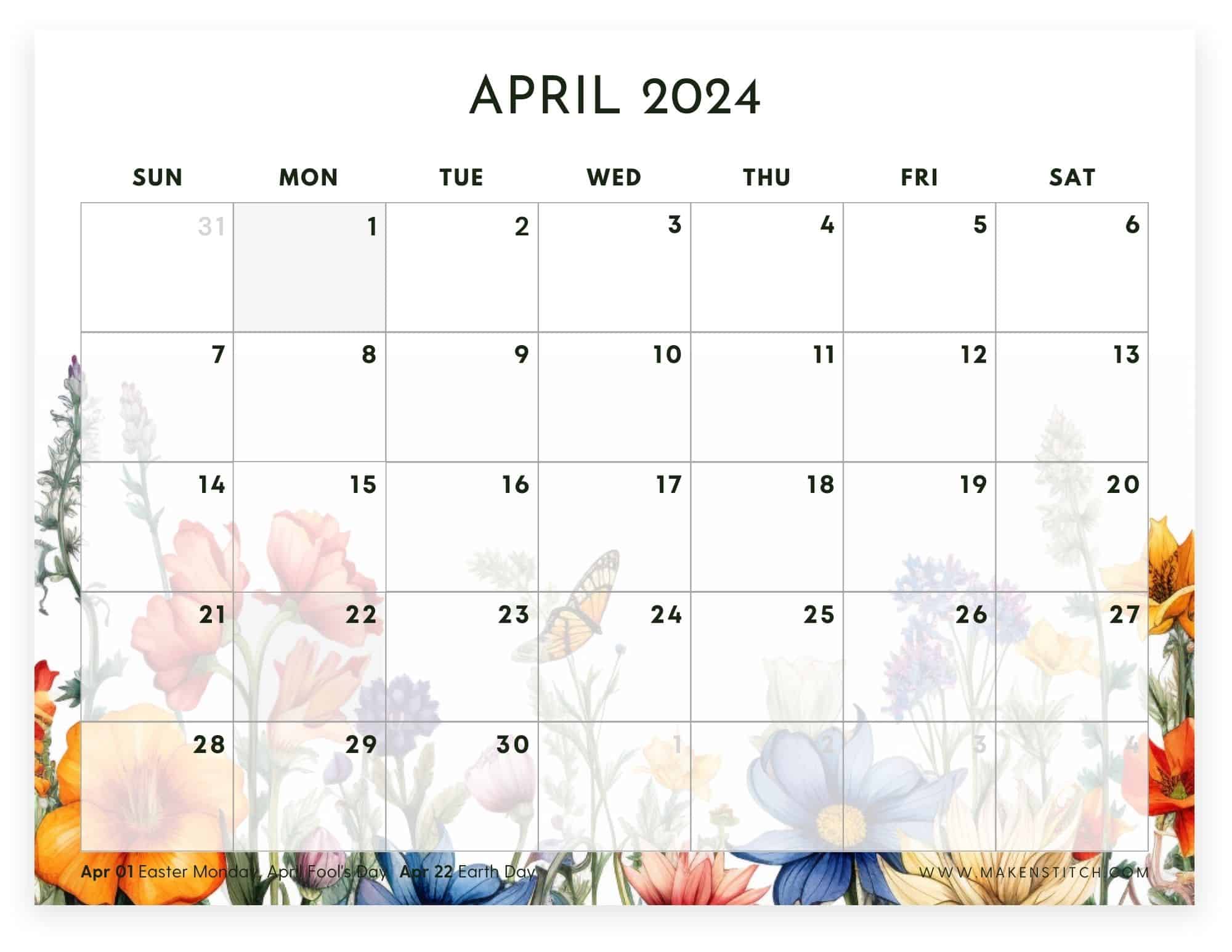 April 2024 Calendar Free Printable - Makenstitch