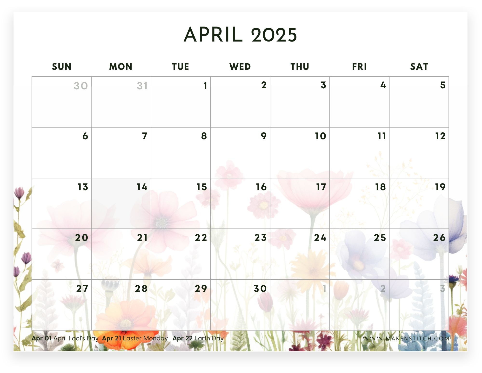Free April 2025 Calendar Printables - Makenstitch