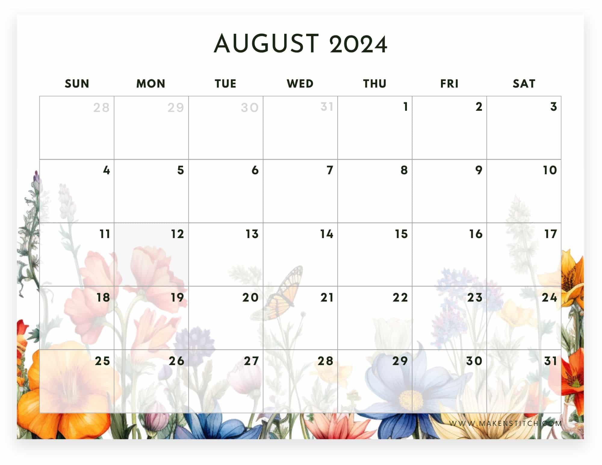 August 2024 Calendar Free Printable - Makenstitch