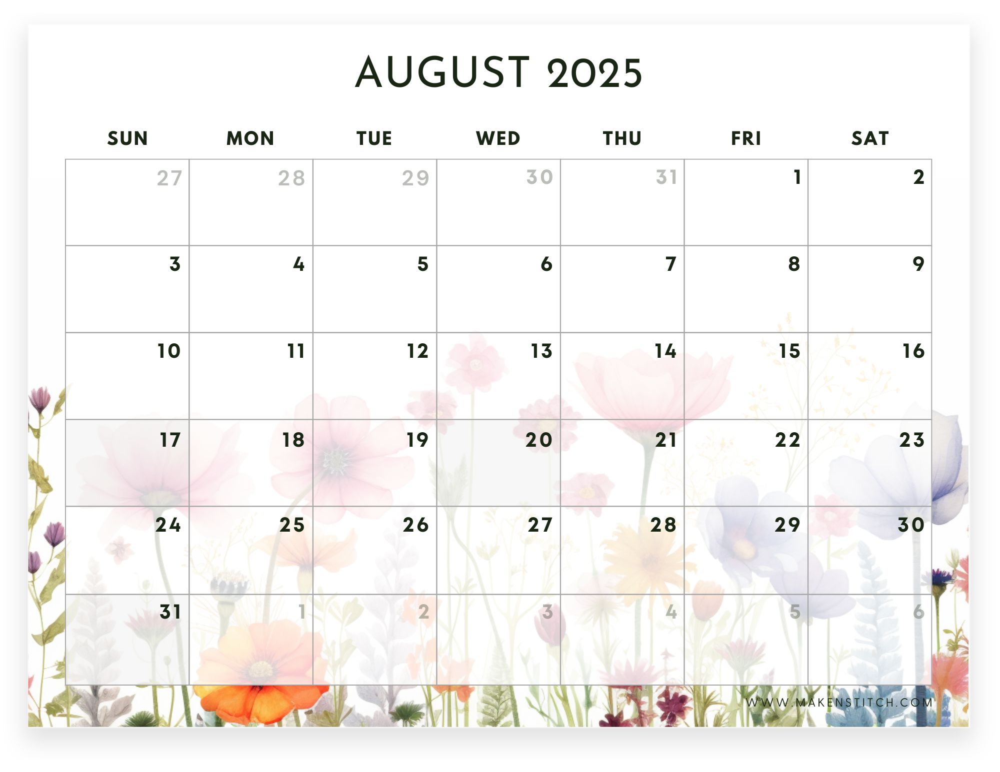 Free August 2025 Calendar Printables - Makenstitch