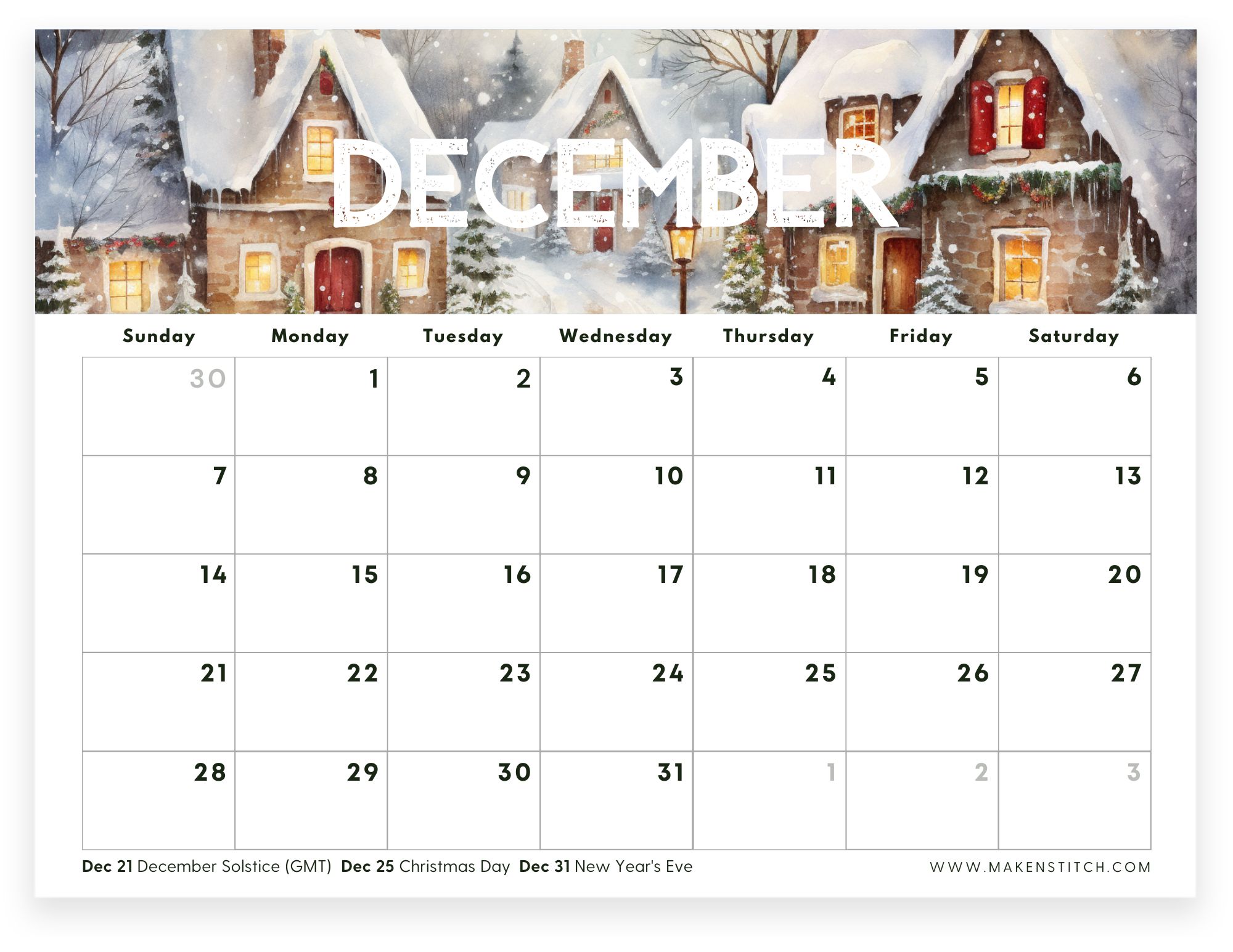 Free December 2025 Calendar Printables - Makenstitch