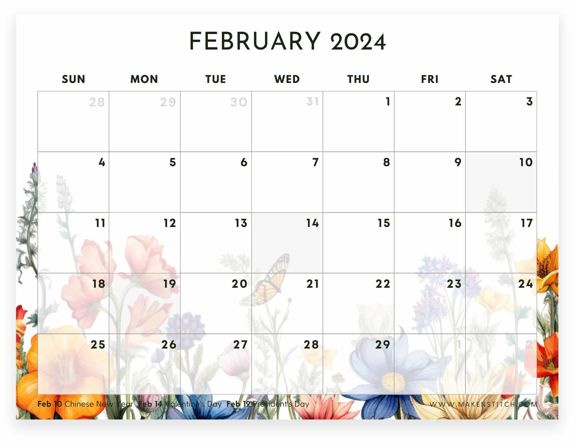 February 2024 Calendar Free Printable - Makenstitch