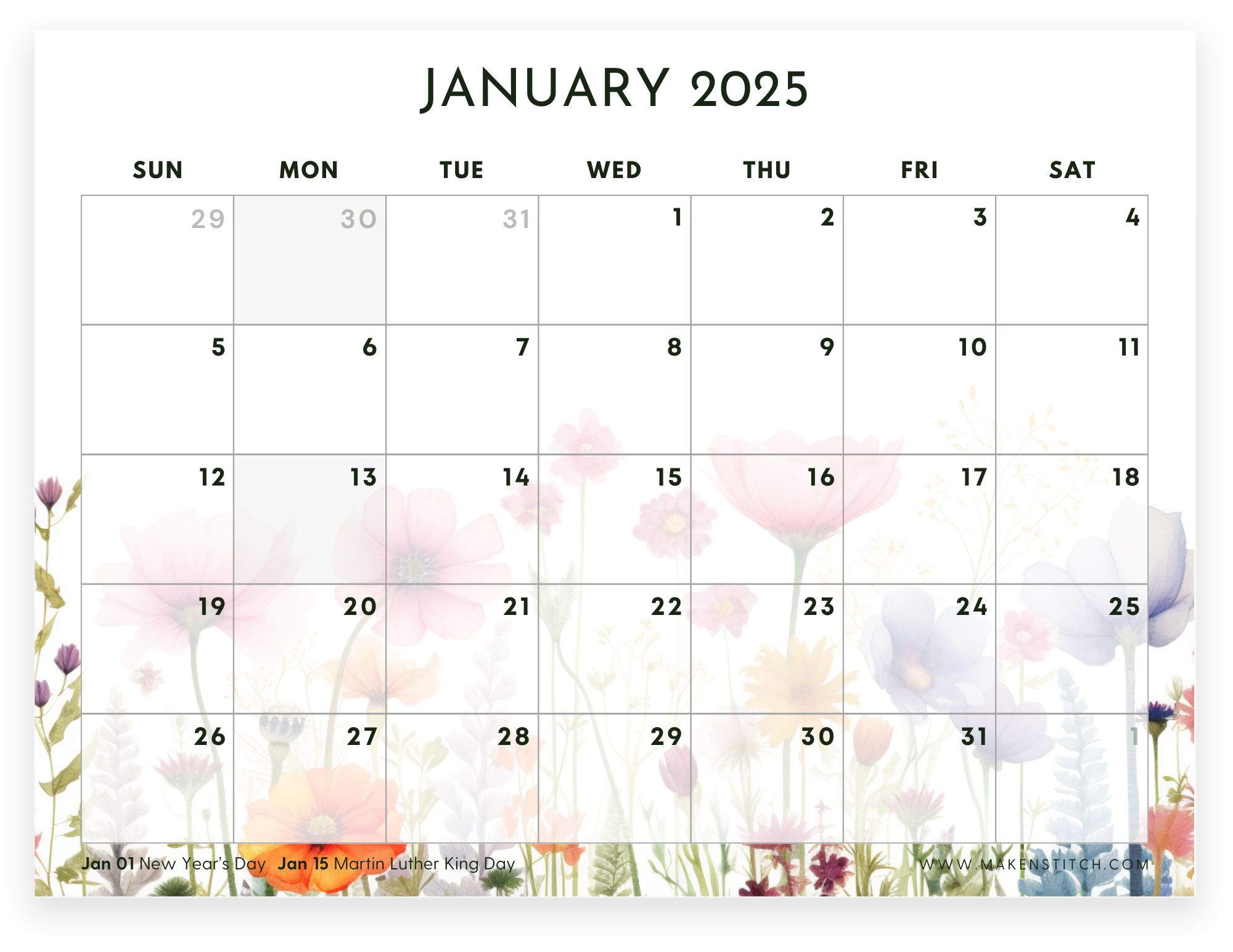 Free January 2025 Calendar Printables - Makenstitch