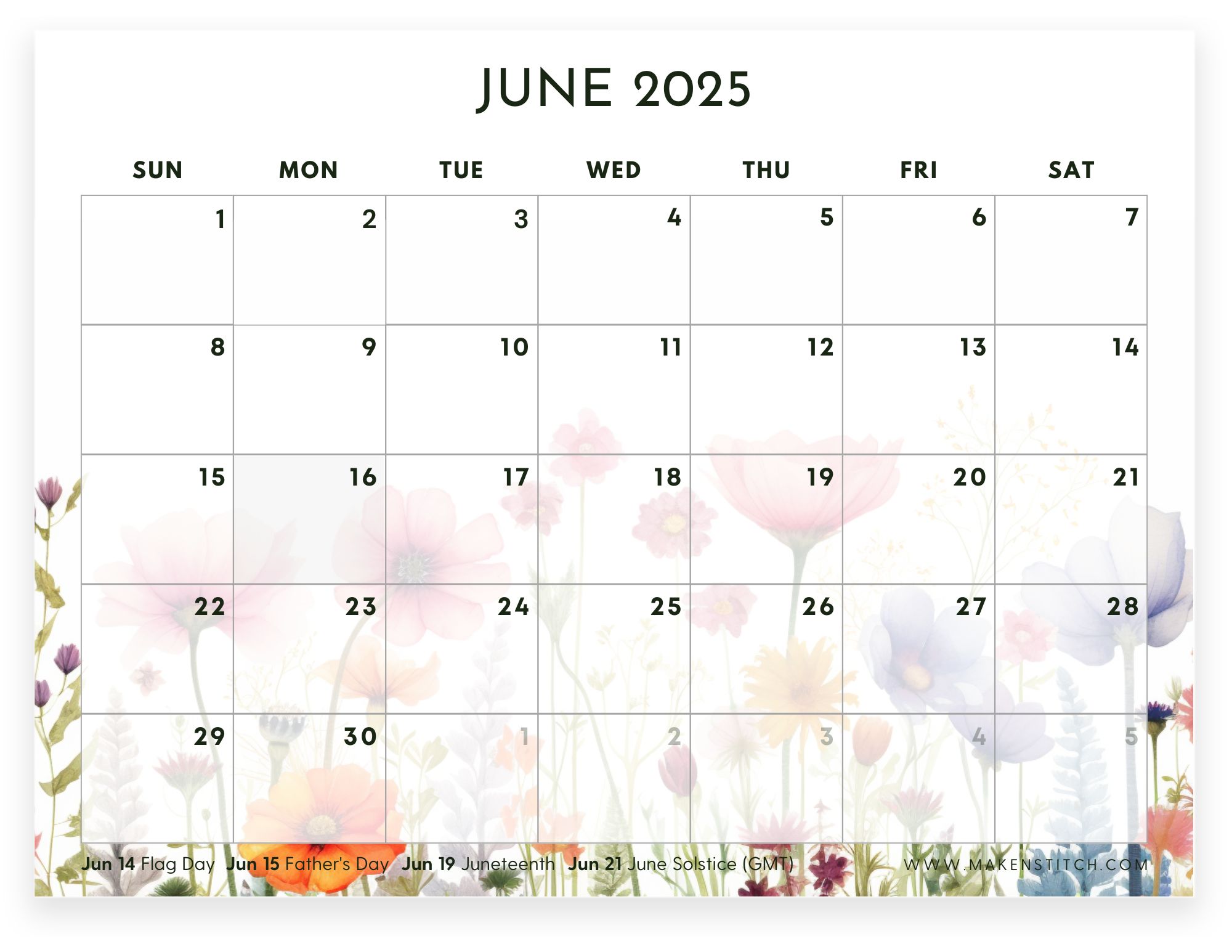 Free June 2025 Calendar Printables - Makenstitch