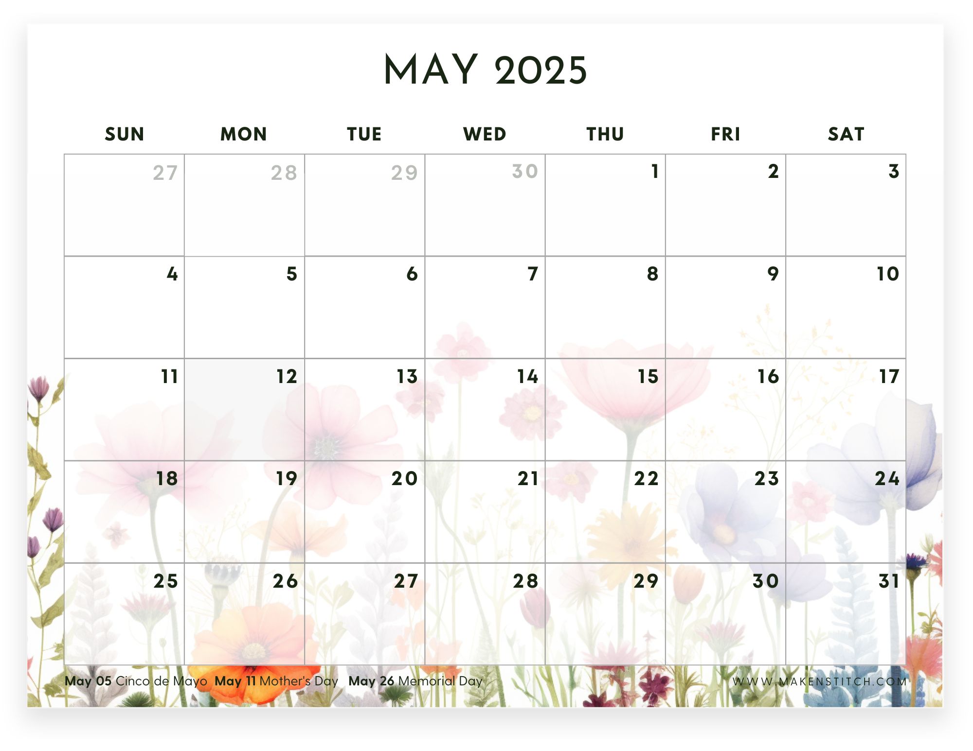 Free May 2025 Calendar Printables - Makenstitch