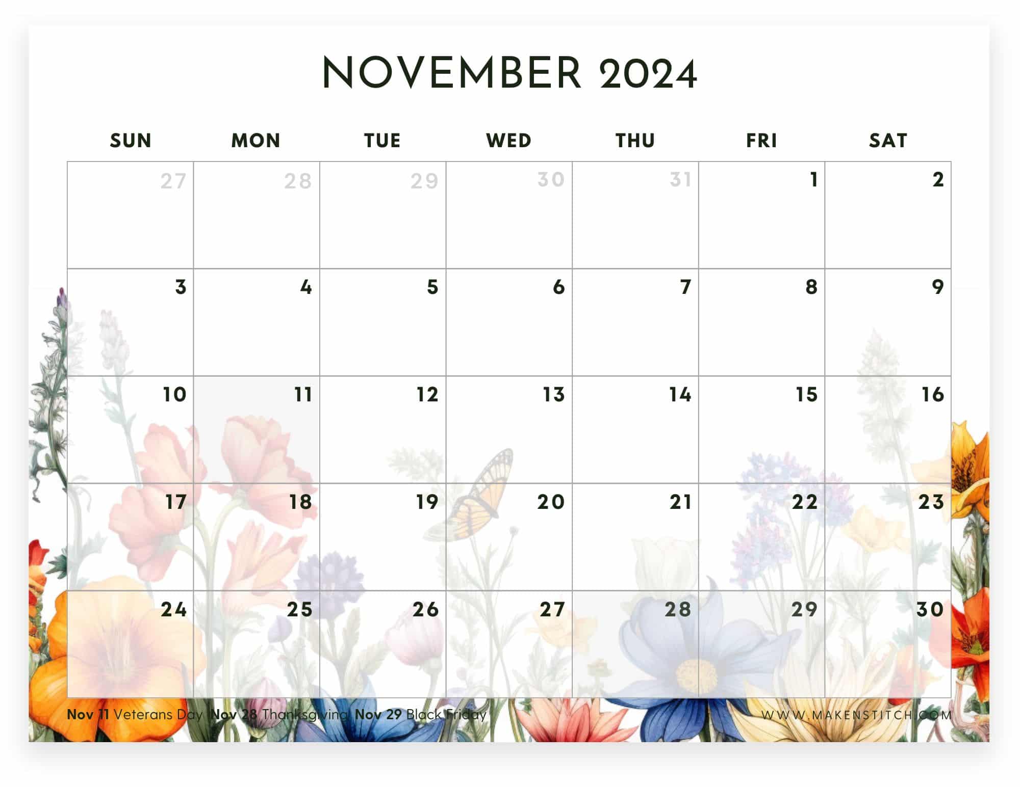 November 2024 Calendar Free Printable - Makenstitch