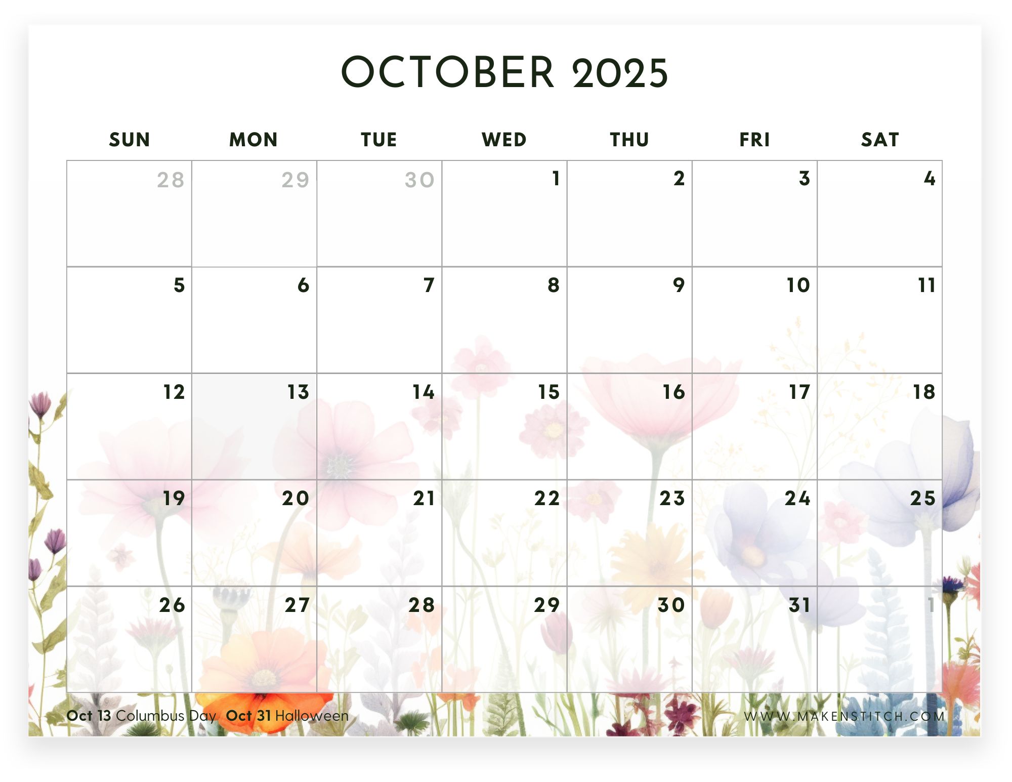 Free October 2025 Calendar Printables - Makenstitch
