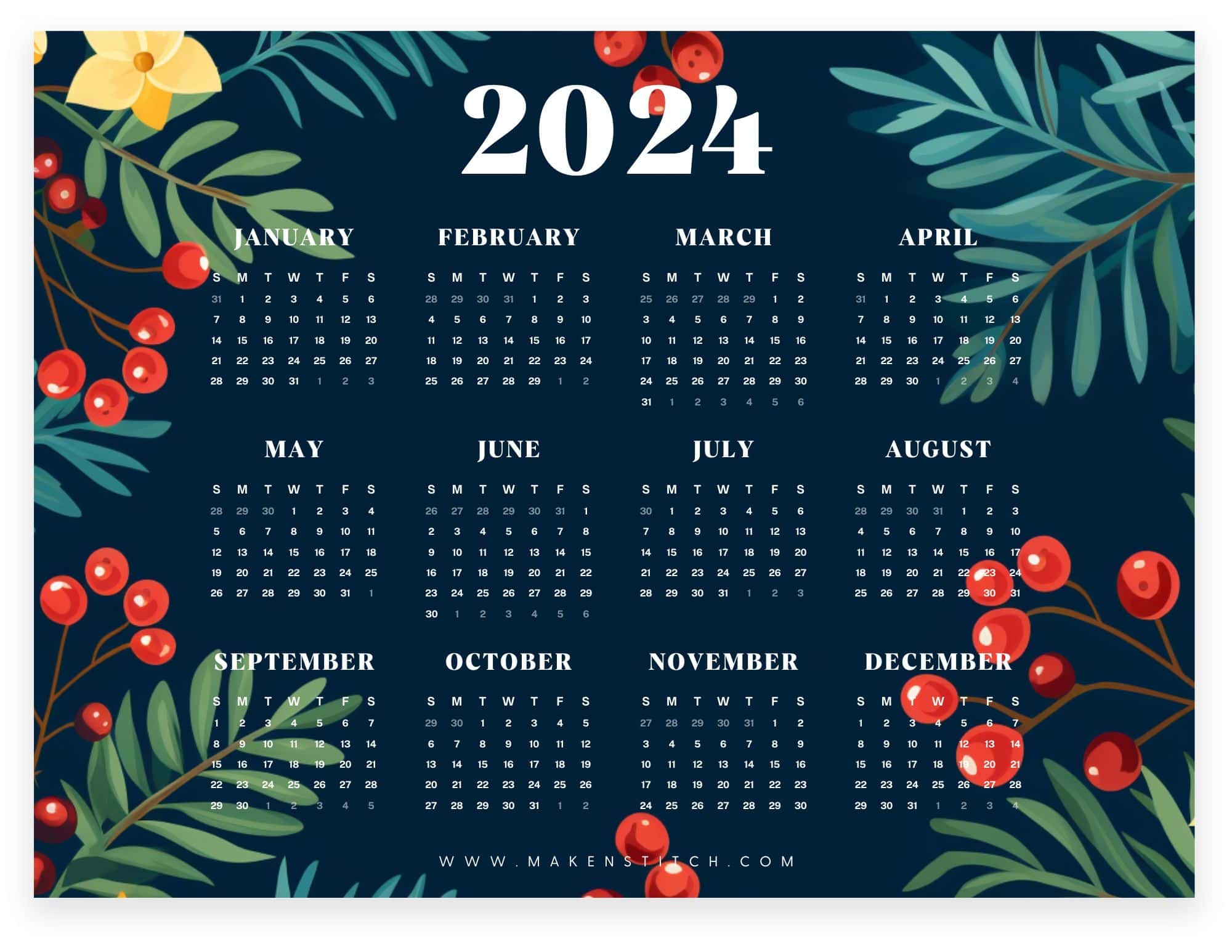 2024 Yearly Calendar Free Printables - Makenstitch
