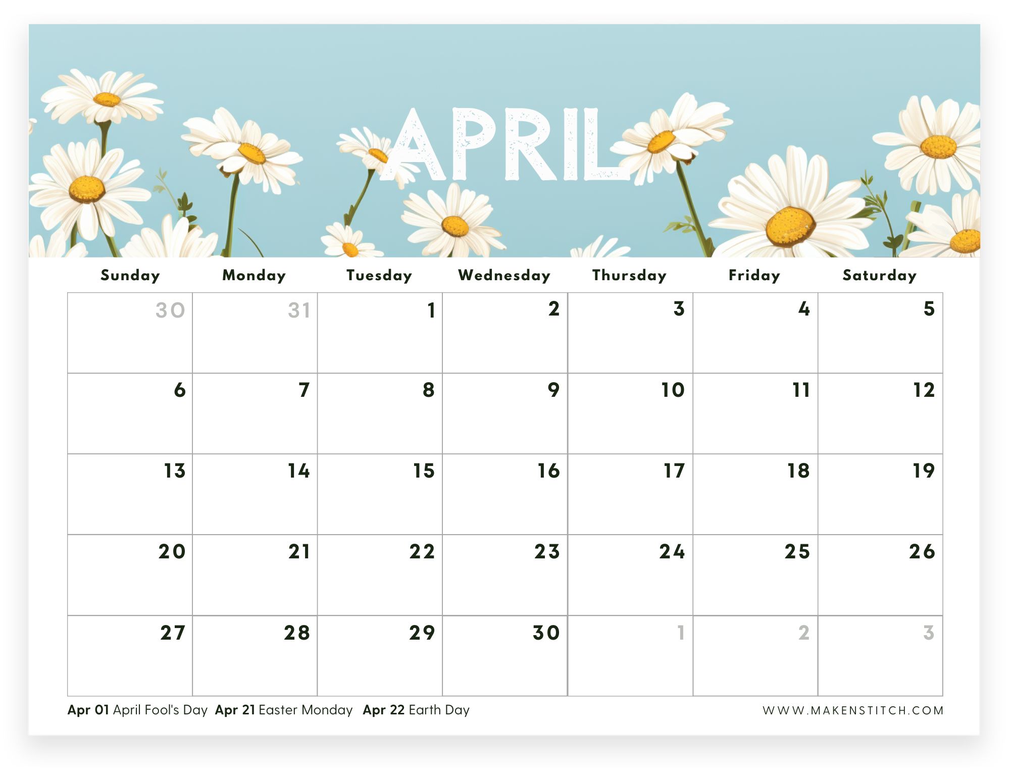 Free April 2025 Calendar Printables - Makenstitch