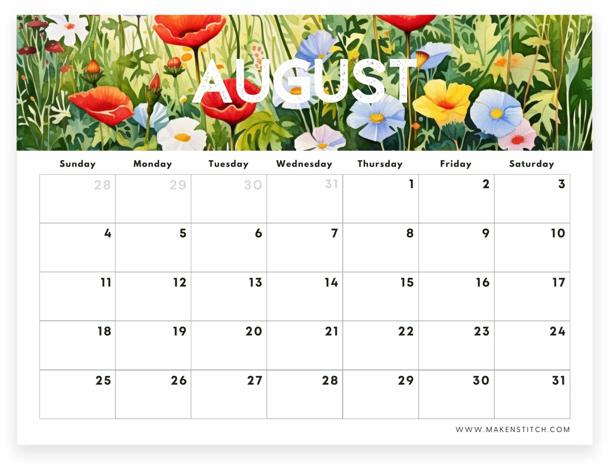 August 2024 Calendar Free Printable - Makenstitch