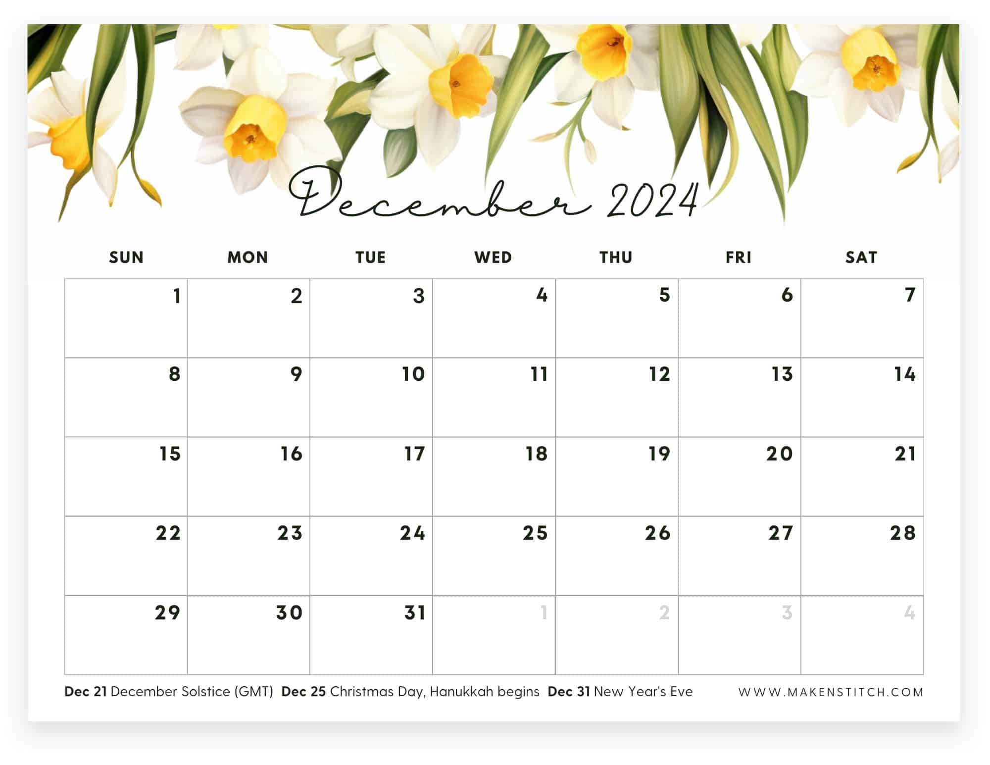 December 2024 Calendar Free Printable - Makenstitch