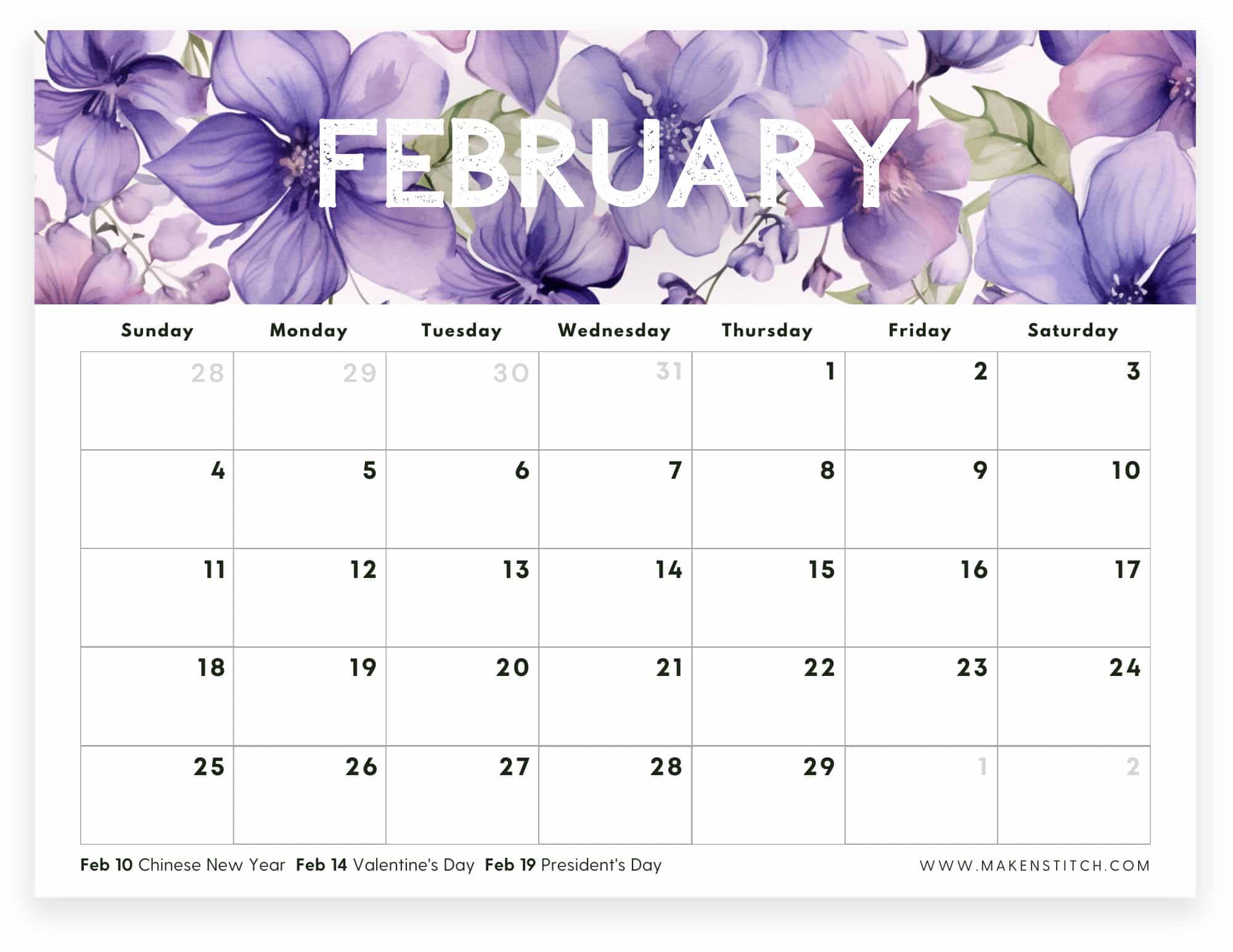 February 2024 Calendar Free Printable - Makenstitch
