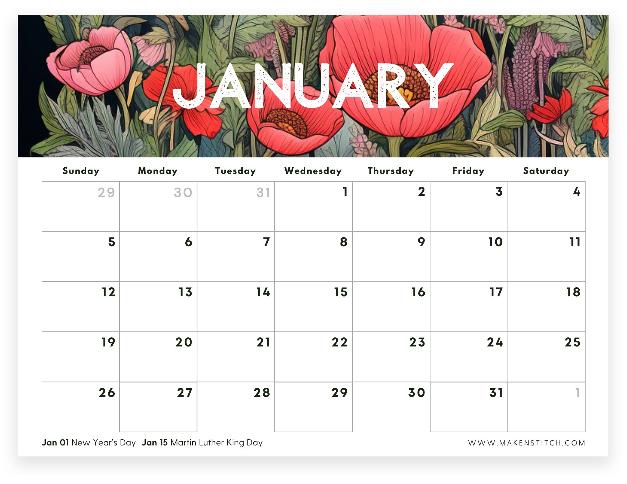 Free January 2025 Calendar Printables - Makenstitch